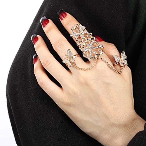 Yalice Charm Butterfly Full Finger Ring Bracelets Crystal Knuckle Open Ring Harness Hand Chains Adjustable Statement Rings Jewelry for Women and Girls Gift