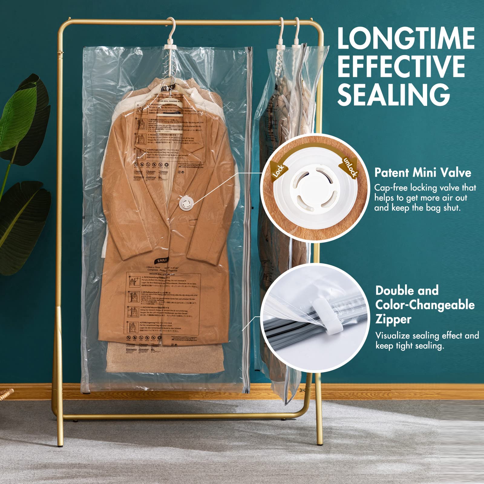 TAILI Hanging Vacuum Storage Bags Space Saver Bags for Clothes, 4 Pack Long 53x27.6 Inches, Vacuum Seal Storage Bag for Suits, Coats or Jackets, Closet Organizer and Storage, Minimize Clothes Wrinkles