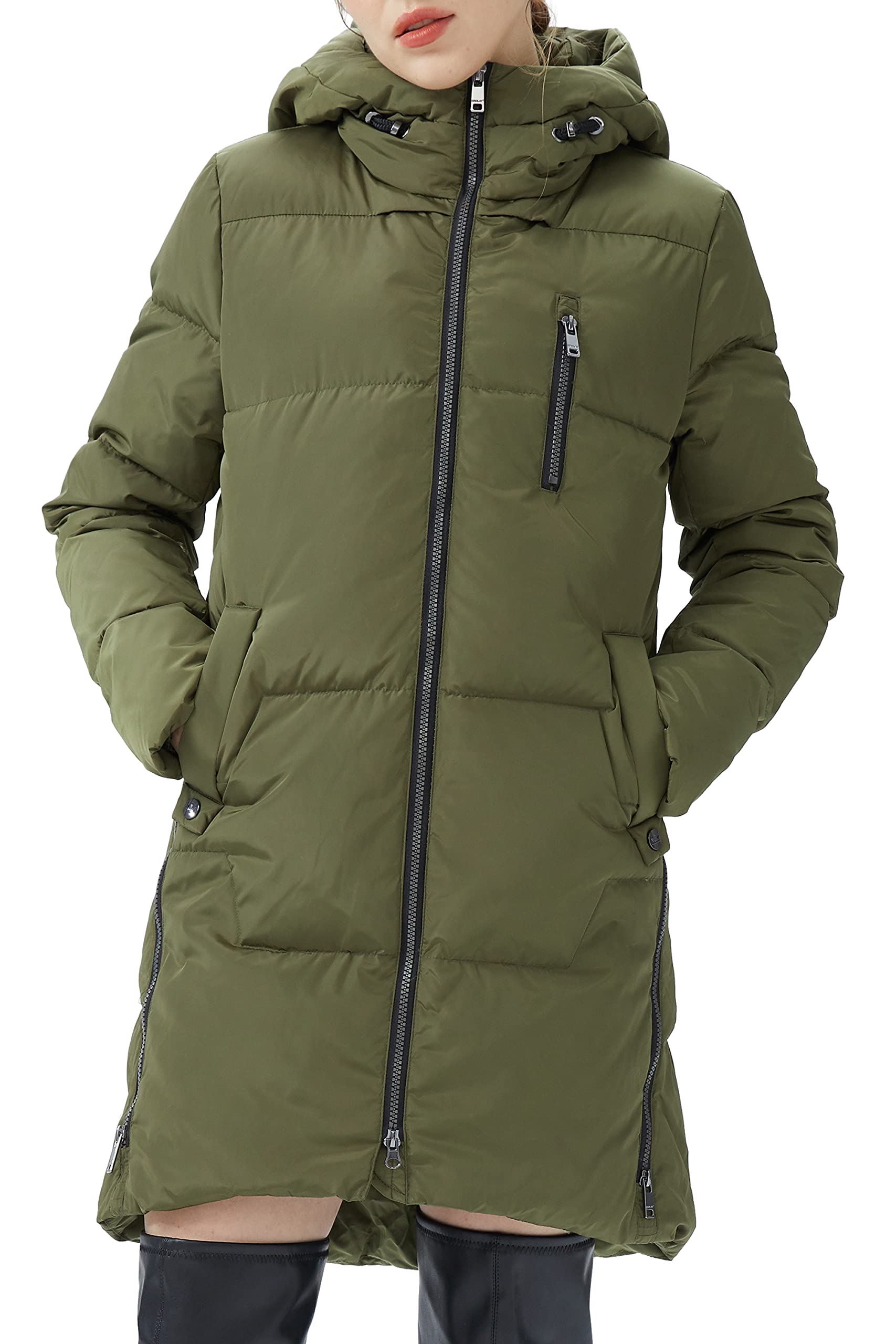 Orolay Women's Stylish Down Hooded Jacket with Two-Way Zipper Winter Down Coat Puffer Jacket Army Green M