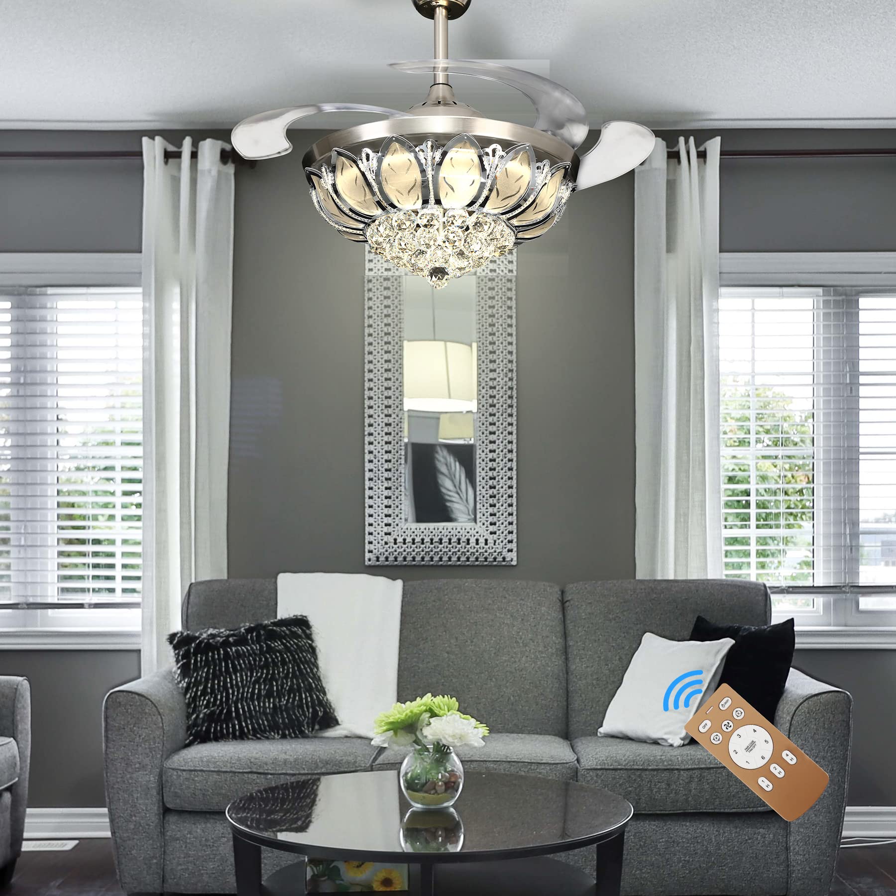 Ridgeyard 42" Crystal Ceiling Lamp Fan Light 3 Light Color LED Fan Chandelier Decorative Pendant Light with 4 Invisible Retractable Blades and Remote Control（Silver