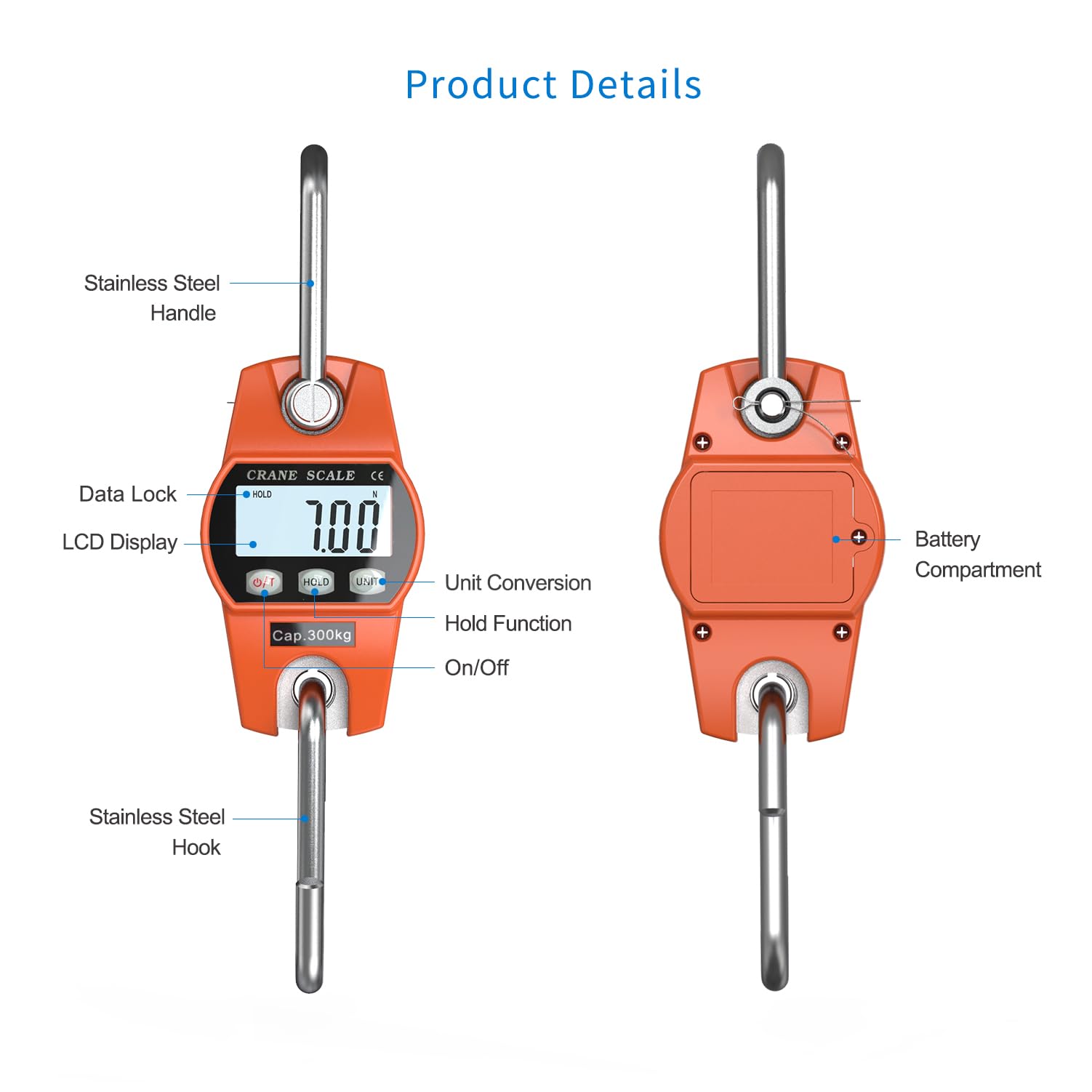 Outmate 660lb/300kg Digital Crane Scale - Compact LCD Handheld Hanging Scale for Garage, Farm, Hunting, Fishing & More(300kg/Plastic/Orange)