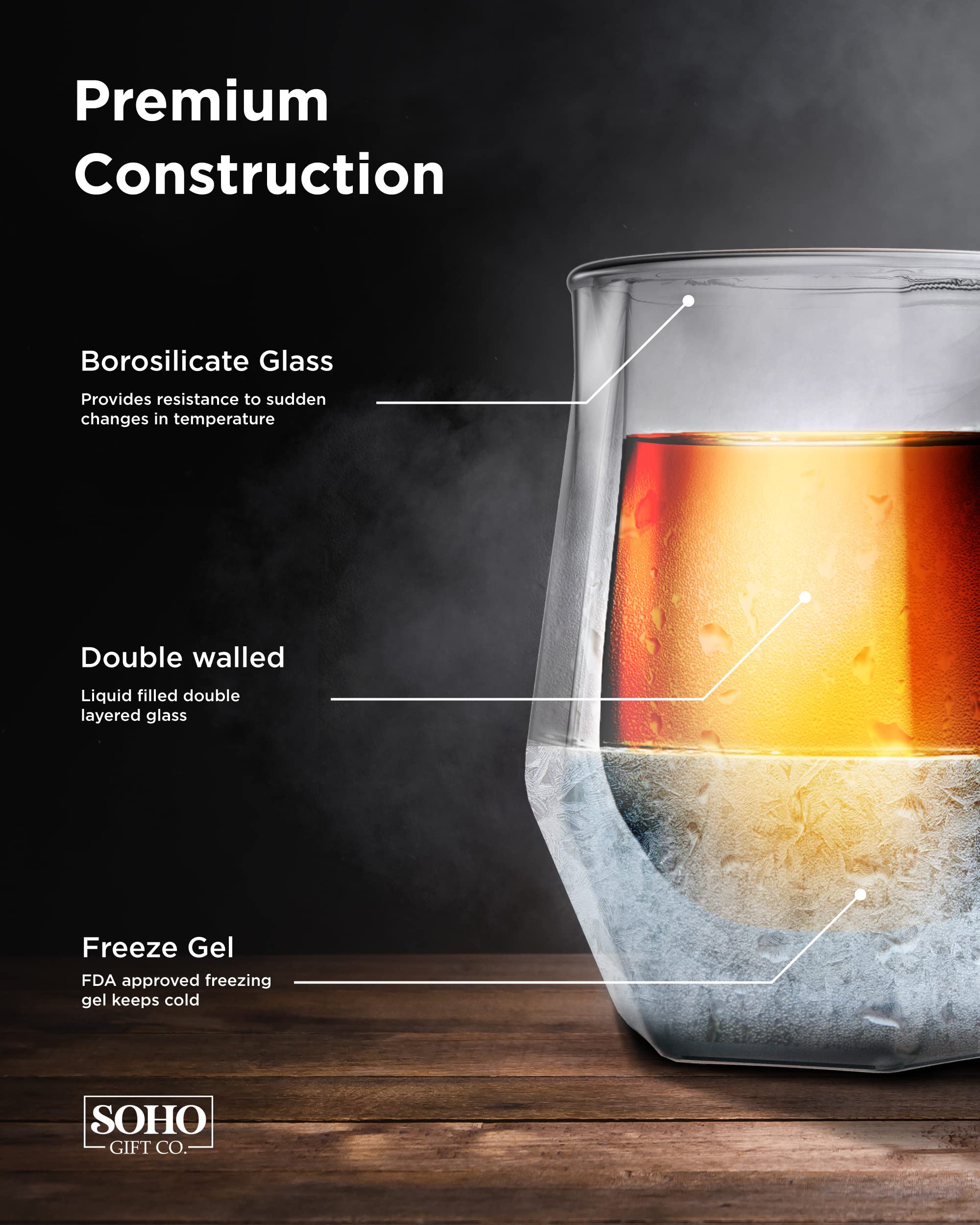 Unique Whiskey Gift for Men, Freezer Chiller Glass (Double Wall) Freezable 7oz Scotch n' Bourbon Ice Cup, Gift for Christmas/Birthday (Gift Boxed)