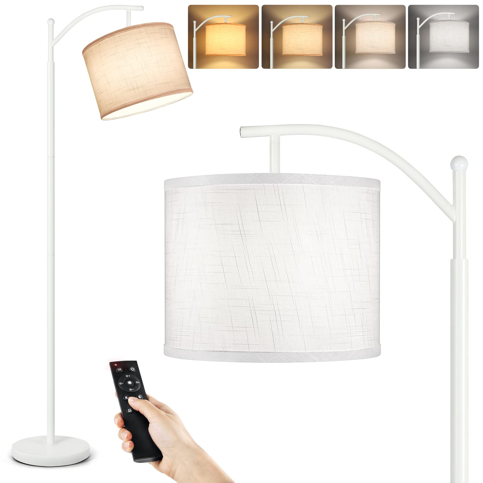OUTON Arc Floor Lamp with Remote Control, LED Dimmable Modern Lamp with 4 Color Temperatures, Tall Standing Reading Lamp with Adjustable White Linen Shade for Living Room, Bedroom, Office, White