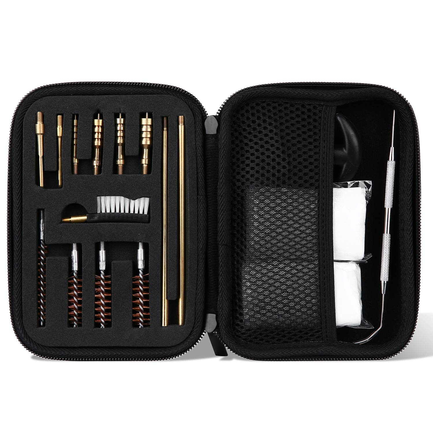 ProCase Universal Handgun Cleaning Kit for .22 .357 .38, 9mm .40 .45 Caliber Pistol, Zippered Compact Case with Brass Brush, Jag, Slotted Tip, Cleaning Pick, Cleaning Rod and Cleaning Patches -Black