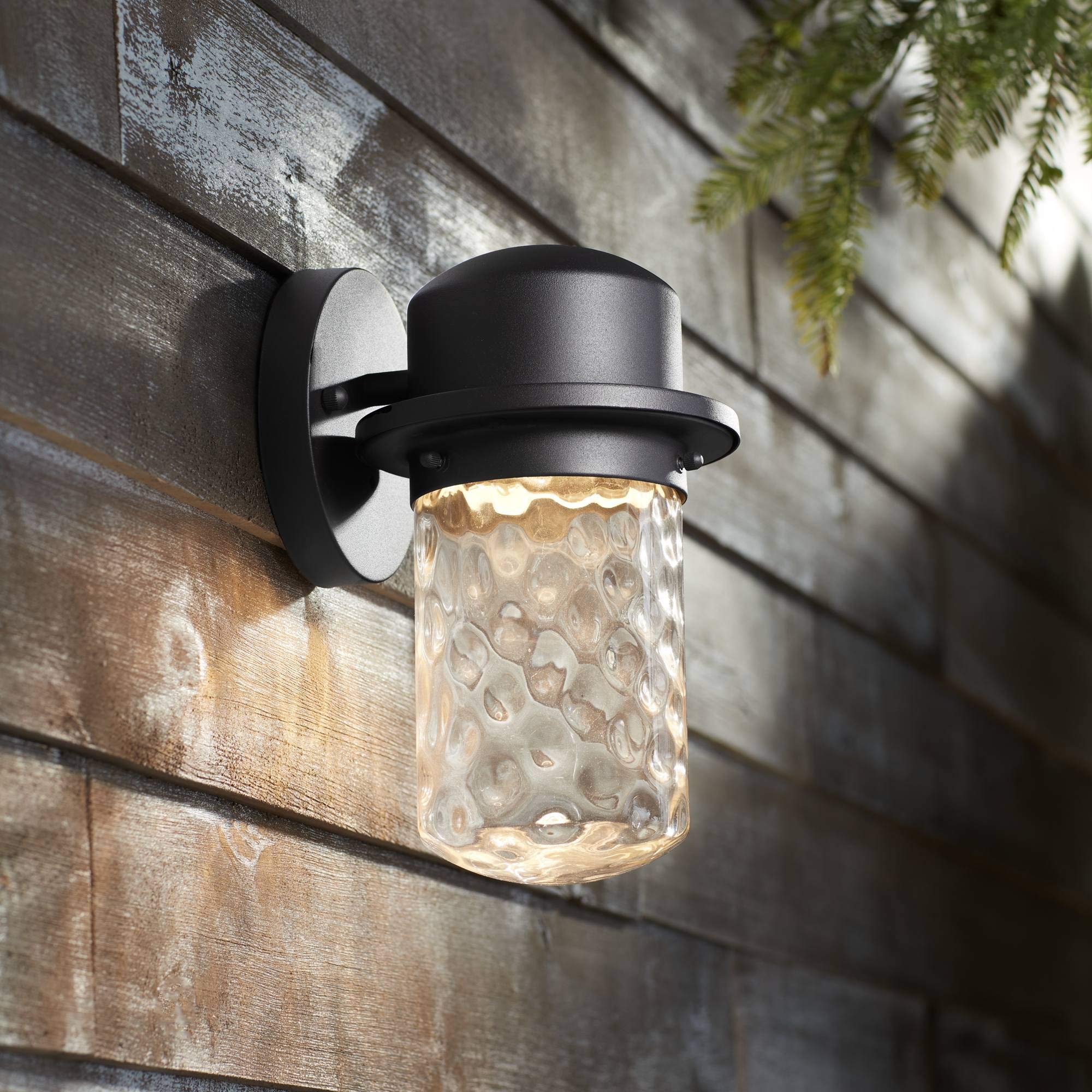 Possini Euro Design Mallow Modern Rustic Outdoor Wall Light Fixture LED Textured Black Steel 9 1/4" Clear Hammered Glass for Exterior House Porch Patio Outside Deck Garage Front Door Garden Home