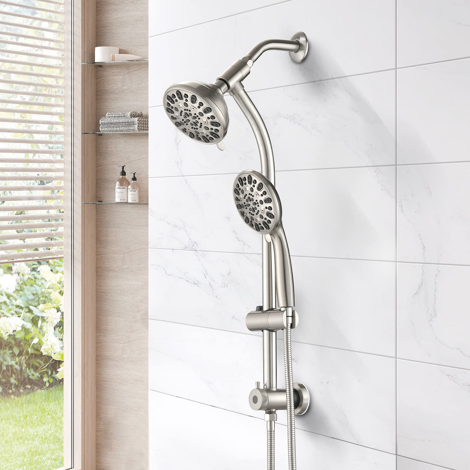 UCLIMAA High Pressure 48-Settings Shower Head with Handheld Shower,Drill-Free 3-Way Diverter for Easy Reach,Adjustable Height Slide Bar Dual Shower Head Combo Set - Brushed Nickel