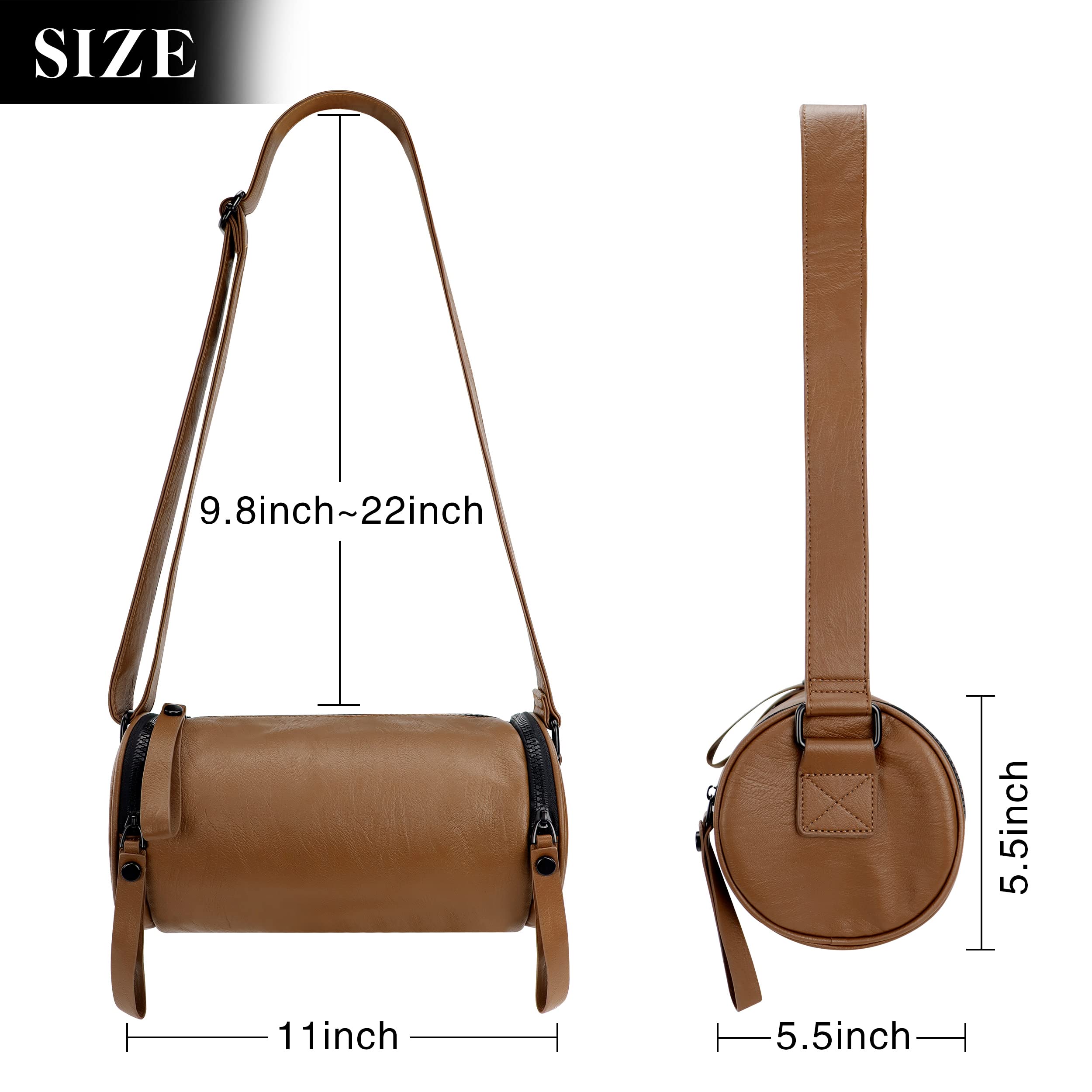 Whale Power Crossbody Bag Soft Leather Cylindrical Adjustable Strap Shoulder Purse with Side Pockets for Women Brown