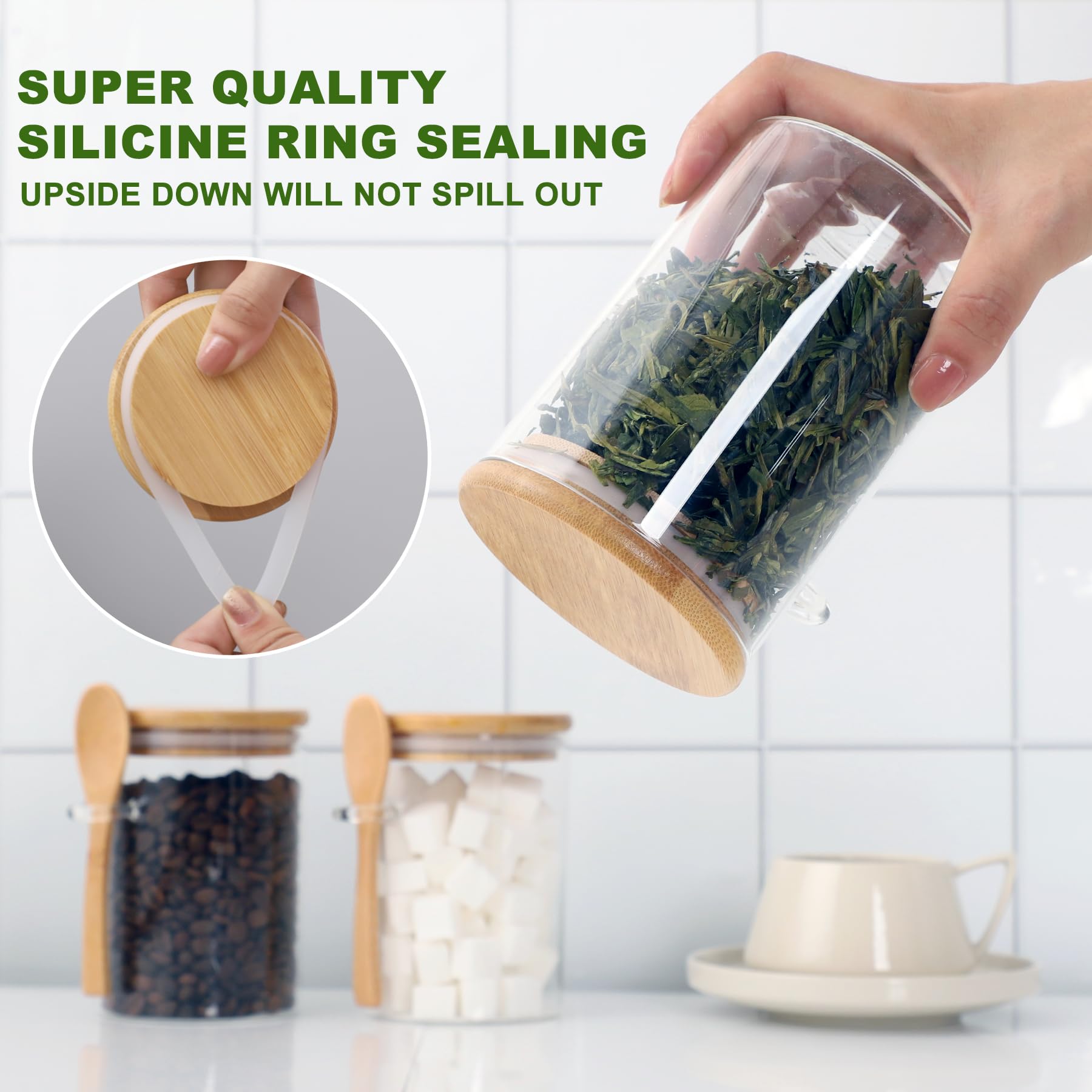 Sugar Jar Bath Salt Container β 17 oz Glass Jar with Bamboo Lid and Spoon, Sugar Cube Holder and Canister for Countertop, Glass Containers for Coffee Beans, Tea and Overnight Oats (4 Pack)