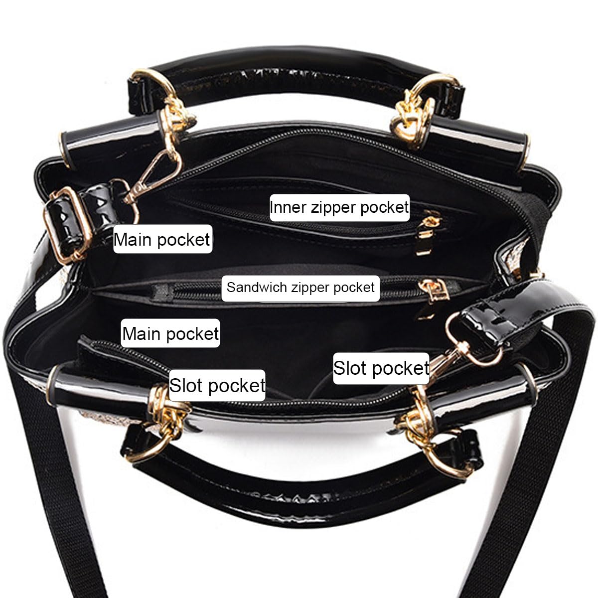 XingChen Women Patent Leather Fashion Handbags Double Sided Sequin Embroidery Shoulder Bag Top Handle Satchel Purse Black