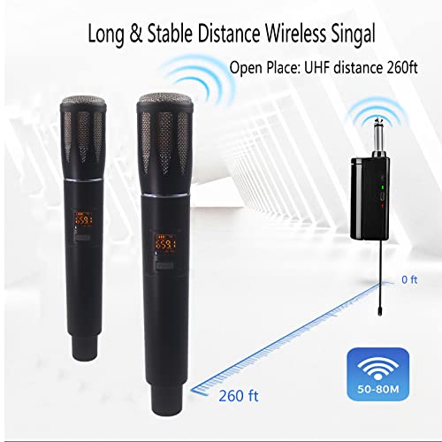 Wireless Microphone, 260ft UHF Metal Dynamic Handheld Multipurpose Mic with Rechargeable Receiver(Plug & Play 1/4‘’Output), for Karaoke Machine, Amp, PA Speaker, Wedding, DJ, Party, Speech, Class Use