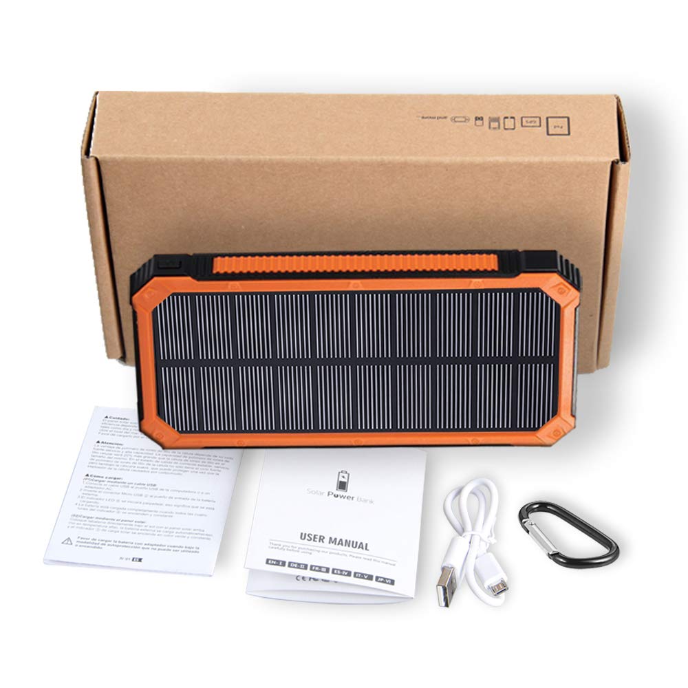 Solar Charger Power Bank, 15,000mAh External Battery Pack with Dual USB Ports and 6 LED Strong Light Flashlight,for iPhone, Smartphones, Tablets, Digital Cameras and More.