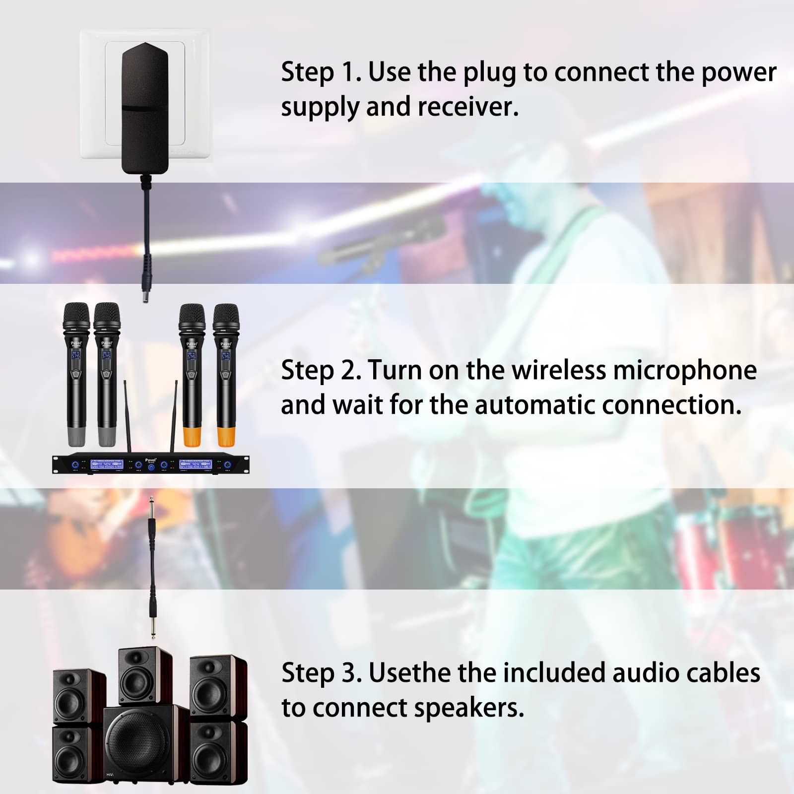 Wireless Microphone System, Pro Quad Channels UHF Karaoke Microphone Wireless, Auto Scan, Adjustable Frequency, 328ft Range, Wireless Mic for Church, Karaoke, Singing, Wedding, Speech, DJ, Outdoor