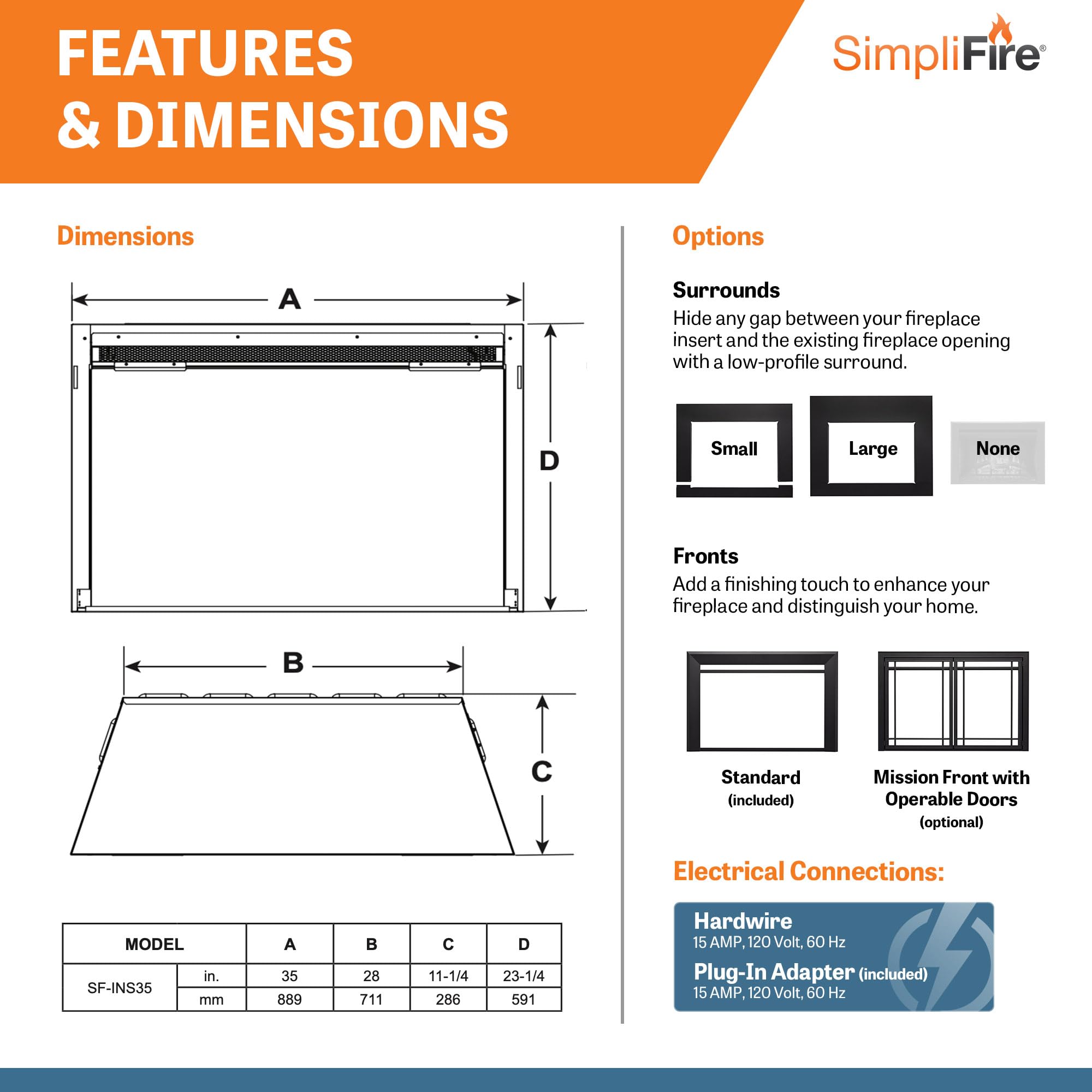 SimpliFire Electric Fireplace Insert, 35-Inch, Contemporary Front, Large Surround, Installs Into a Wood Fireplace Opening, Textured Logs, Multi-Function Remote with Timer, 1500W Heater
