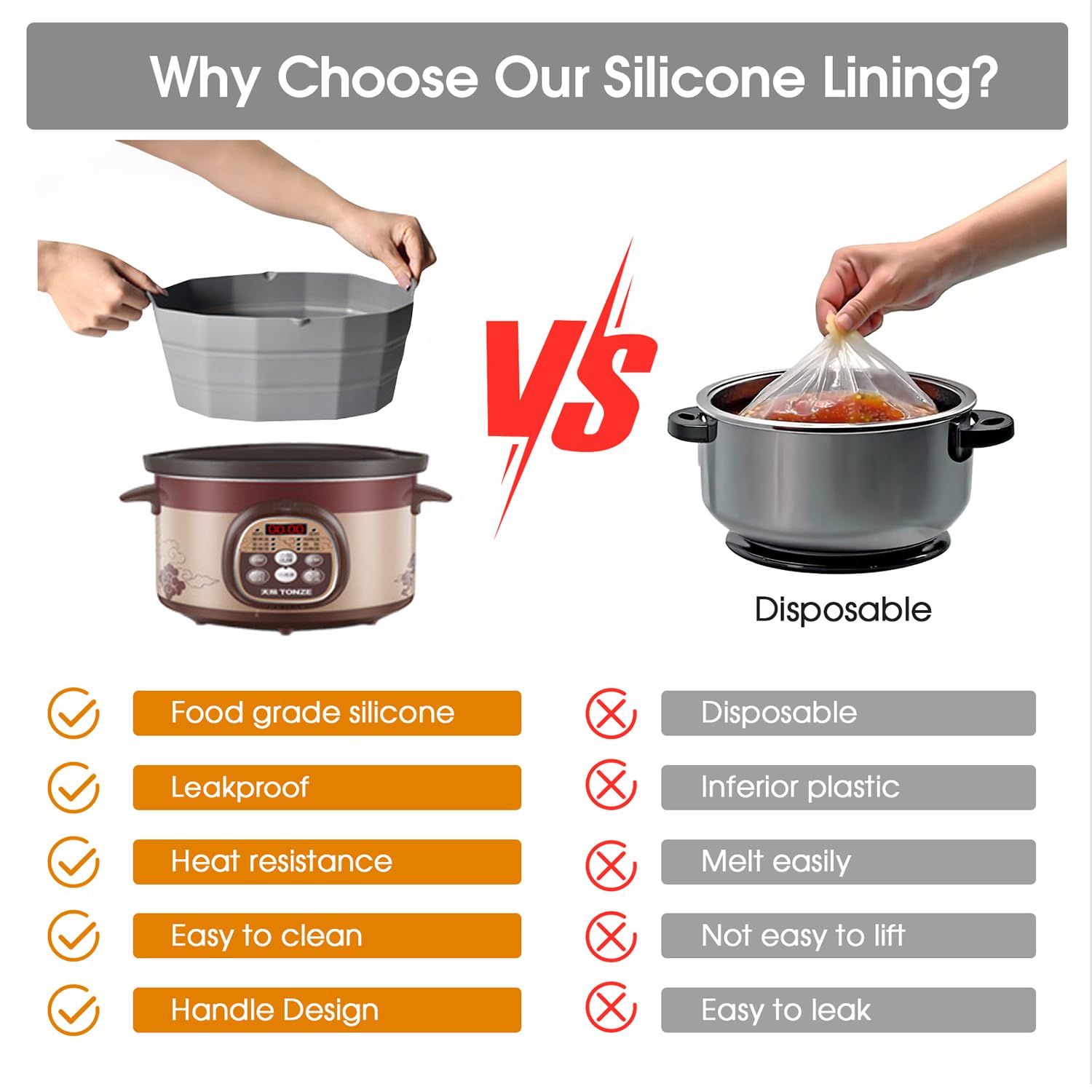 Slow Cooker Divider Liner fit 4-5 QT Crockpot, Reusable & Leakproof Silicone Crockpot Divider, Dishwasher Safe Cooking Liner for 4-5 Quart Pot,BPA Free, 2PCS Bundle, Grey