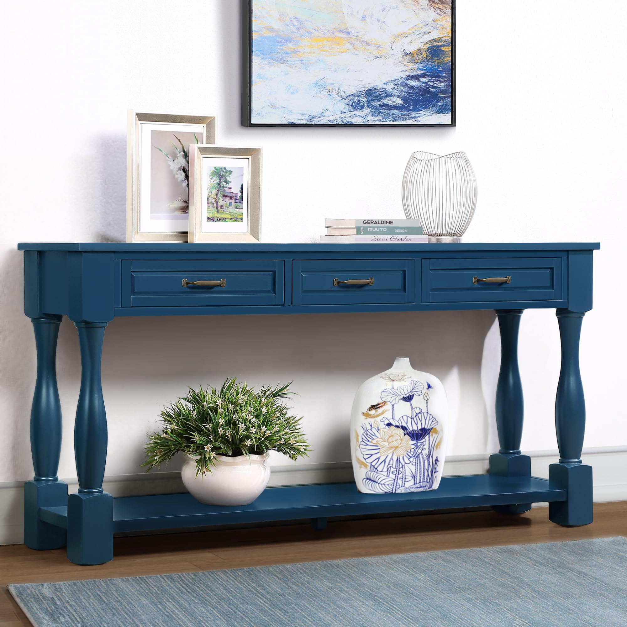 P PURLOVE Console Table for Entryway 64" Wood Sofa Table with Storage Drawers and Bottom Shelf for Hallway Living Room (Distressed White)
