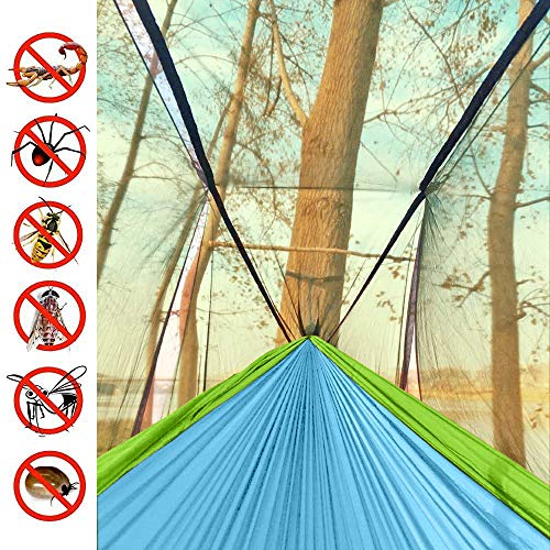 Single & Double Camping Hammock with Net Mosquito/Bug | Included Tree Straps and Carabiners, Parachute Nylon | Easy Assembly, Lightweight, Portable | Indoor Outdoor Backpacking - Full Size, Sky Green