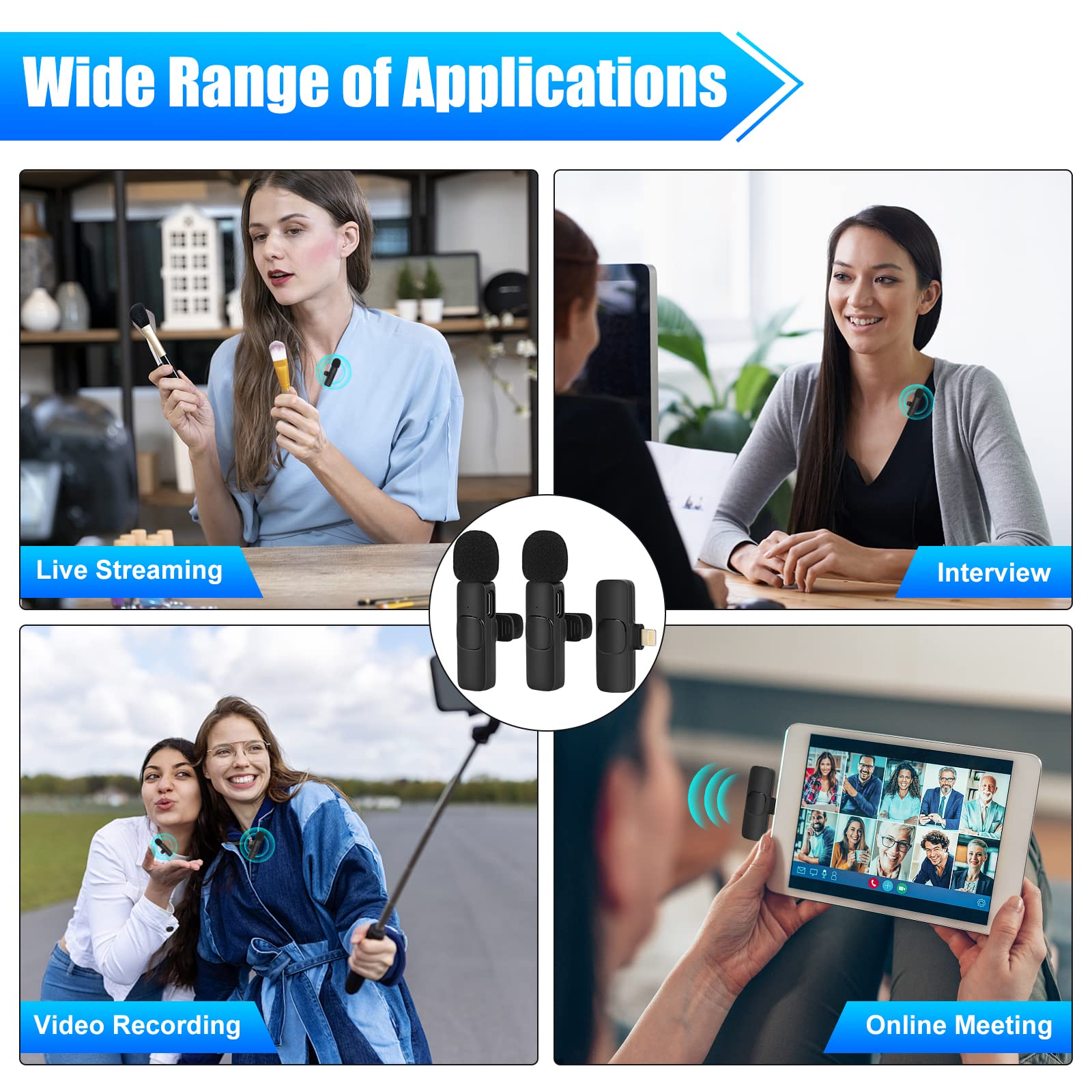 Wireless Microphone for iPhone iPad, Wireless Lavalier Microphone, Plug and Play Ultra-Low Latency Built-in Noise-Canceling Chip Long Working Time Wireless Mic for iPhone Video Recording, Live Stream