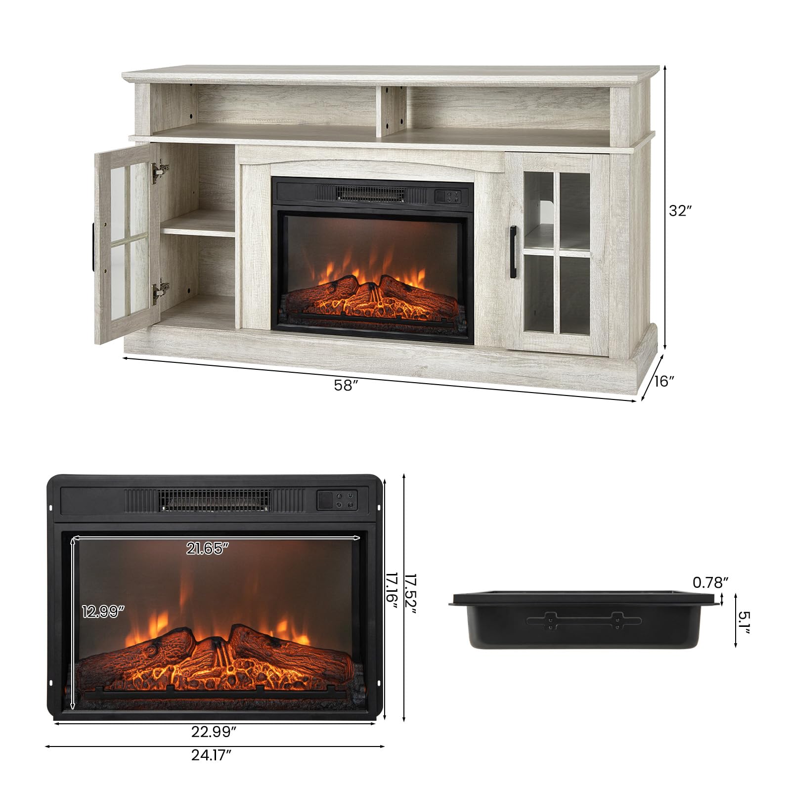 Tangkula Fireplace TV Stand for TVs Up to 65 Inch, Electric Fireplace TV Console w/Remote Control, Overheat Protection, 3-Level Adjustable Brightness, TV Entertainment Center w/23β Fireplace