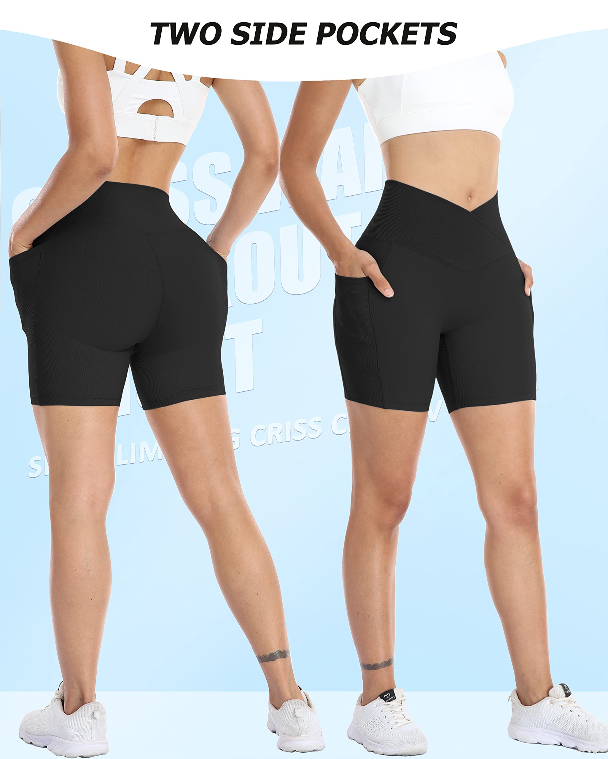 Women's V Cross Waist Workout Biker Ribbed Shorts with Pockets 5" High Waisted Booty Gym Short Black