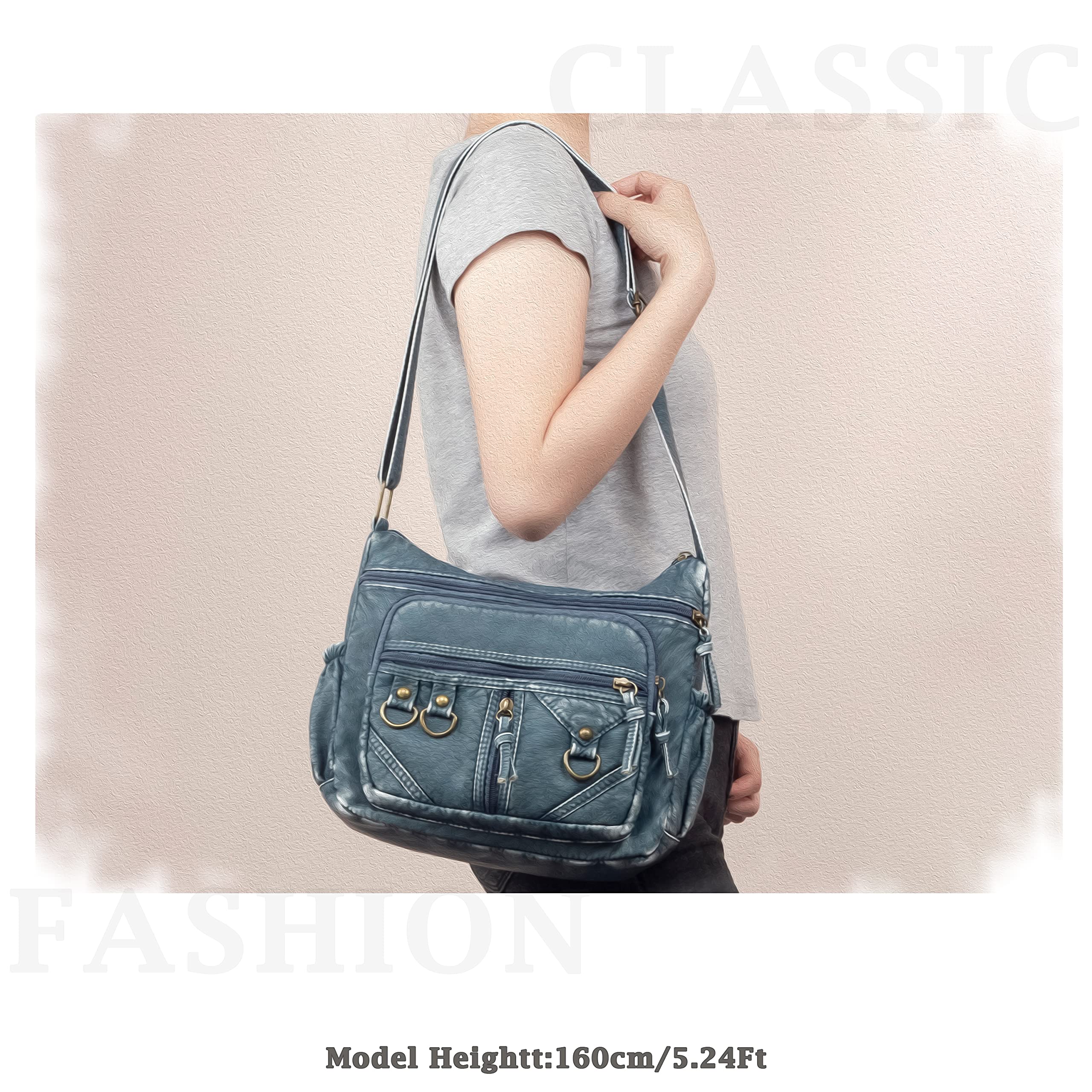 Women's Vintage Soft PU Leather Crossbody Bag Multi Pocket Purses and Handbag Ladies Lightweight Travel Shoulder Bag (761-2-Blue)