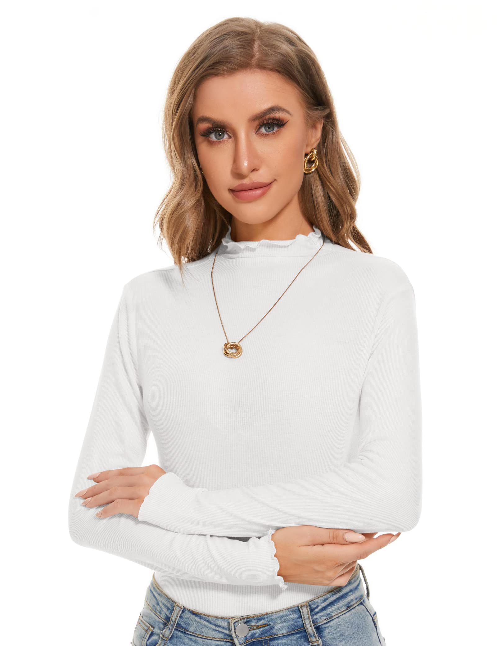 Turtleneck Women Long Sleeve Mock Necks Tops Ruffles Soft Thermal Underwear Spring Fashion 2023, White Large