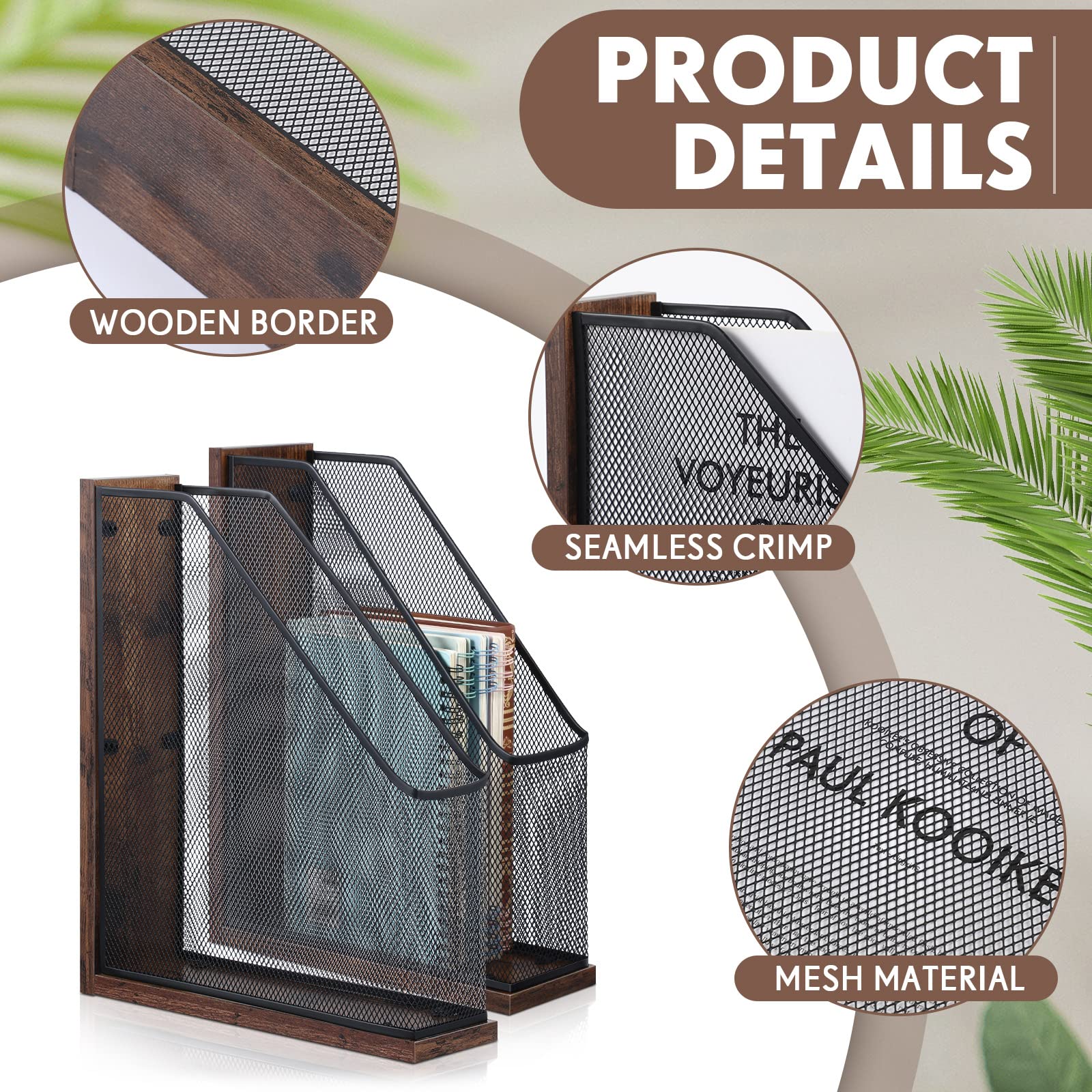 Perkoop 2 Pcs Mesh Magazine File Holder Metal Wooden Magazine File Holder Antique Mesh Wire File Organizer Desktop Magazine Rack Metal Desk Organizer for Document Folder School Office File Storage