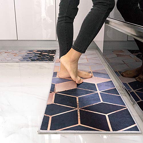 Vioncci Kitchen Rug Set, 2 Pieces Absorbent Non Slip Kitchen Mat, Microfiber Material Doormat Runner Rug Set (15.7"×23.6" + 15.7"×47.2")Gradient Blue