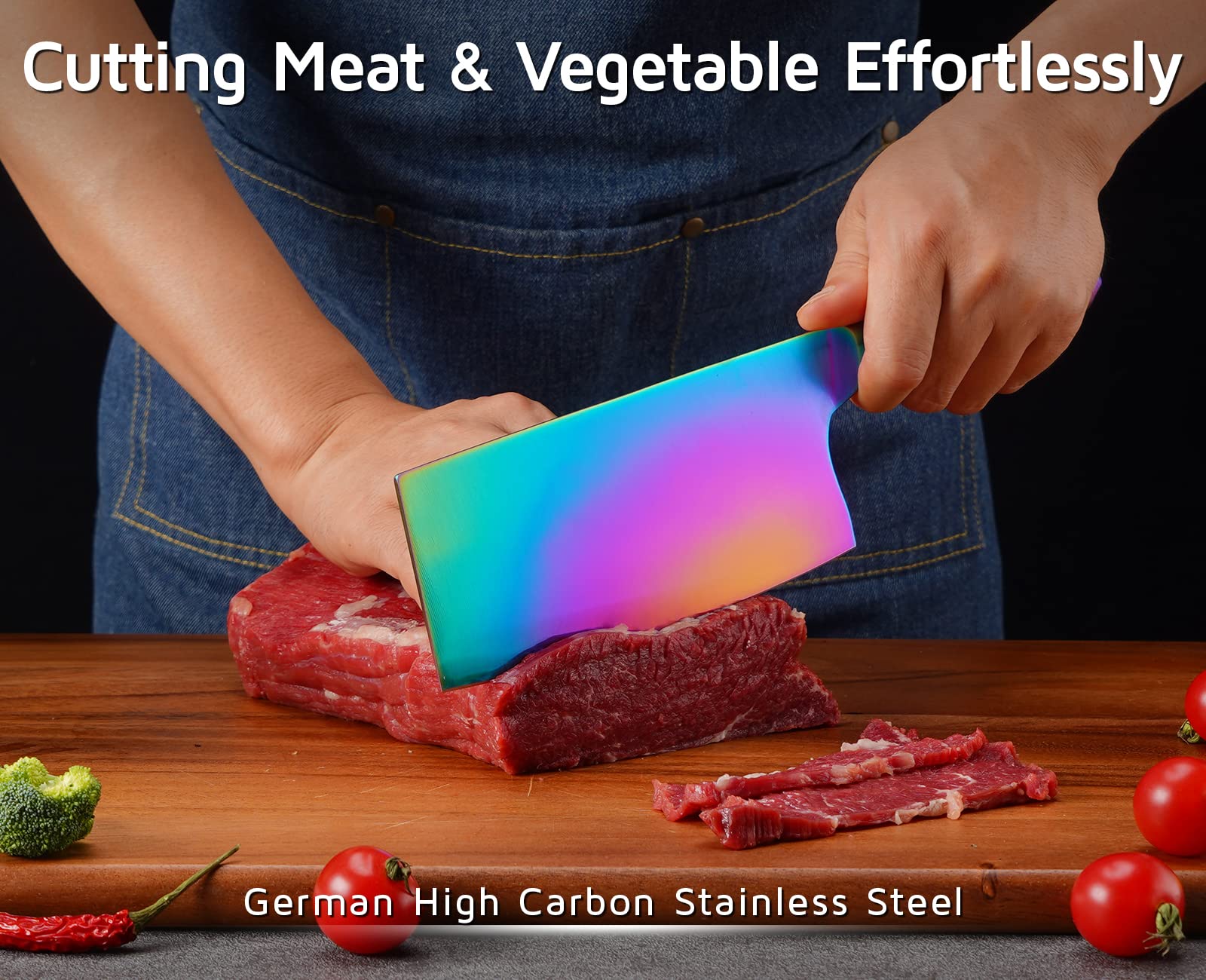 WELLSTAR Rainbow Meat Cleaver, 7 inch Iridescent Chinese Meat Vegetable Butcher Knife, Super Sharp German High Carbon Stainless Steel Chef’s Kitchen Knife with Ergonomic Handle for Home Restaurant