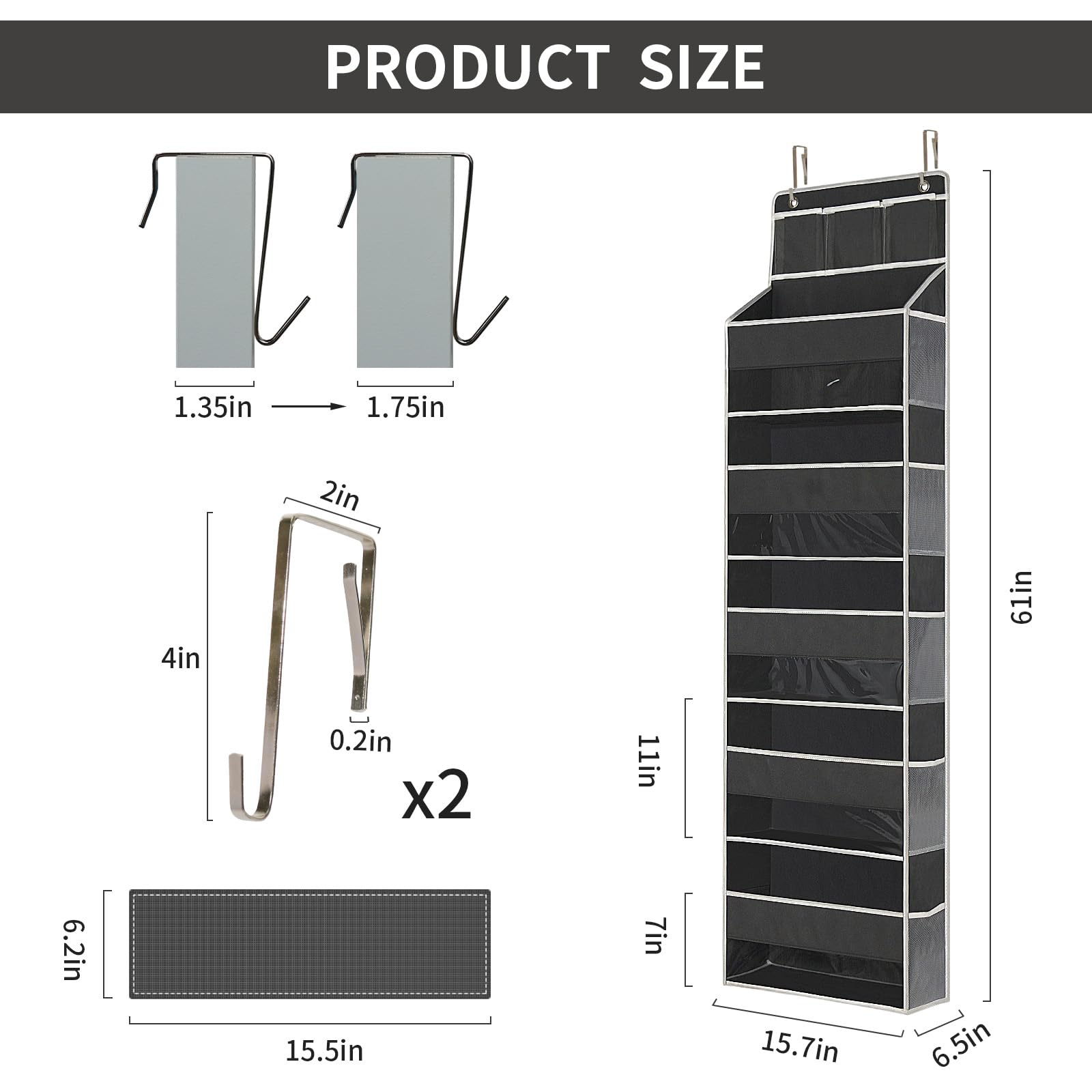 Over the Door Organizer Storage, 5-Shelf Clear Large Deep Pockets Hanging Storage with 3 Hooks, Over Door Pantry Organizer for Closet, Nursery, Bedroom, Kitchen, Dorm, Toys, Cosmetics, Clothes