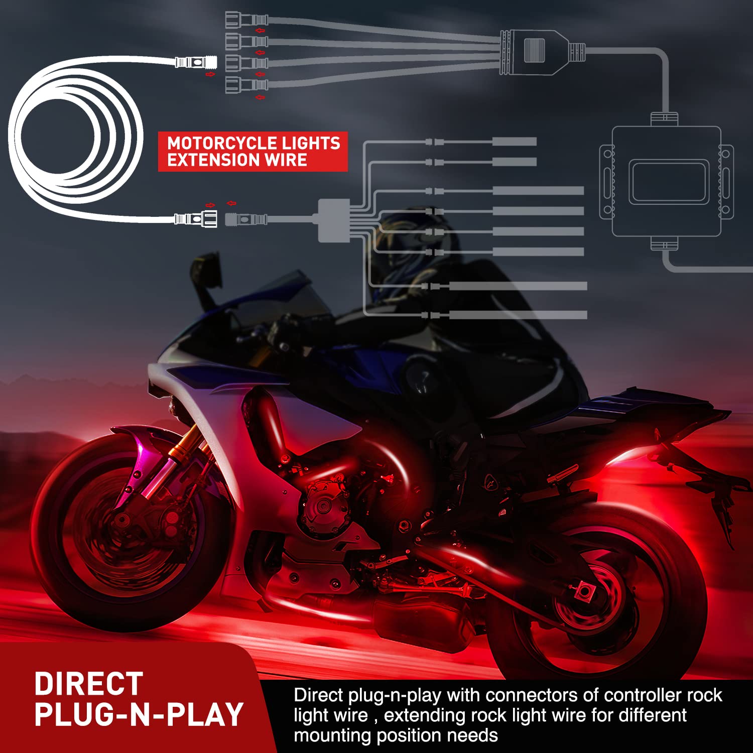 Nilight Extension Cable for Motorcycle LED Strip Lights 4PCS 2 Feet Extension Cords 3PCS 2 Way Y Splitter 4PIN extension cord for Underglow Neon Accent Light Strips Rock Lights