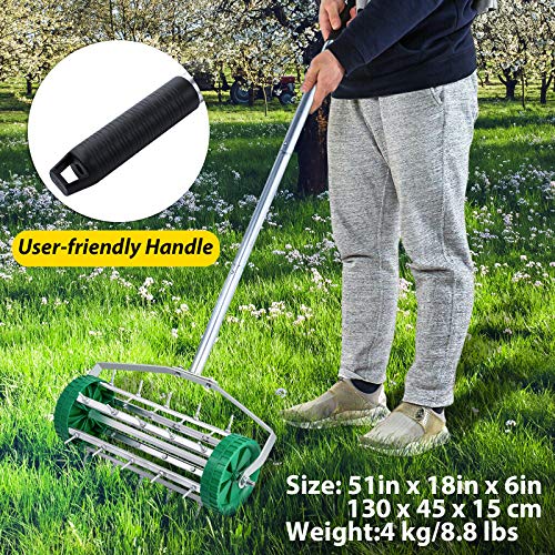 VEVOR Rolling Lawn, 51" L x 18" W, Steel Push Roller with Adjustable Handle, Grass Tool with Tine Spikes, Aeration Machine for Garden, Yard, Cropland to Loose Soil, Green