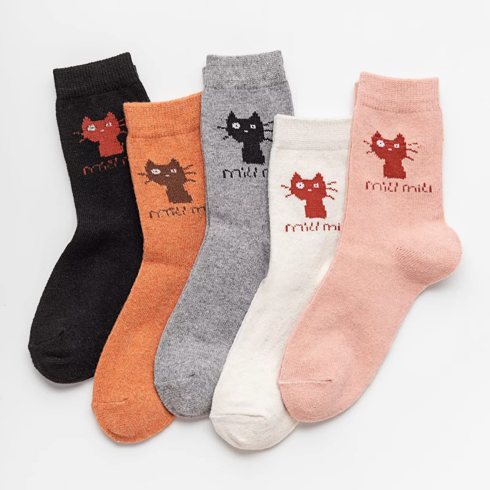 Womens Wool Socks, 5 Pairs Cat Thick Knit Winter Warm Socks for Women Men Gifts