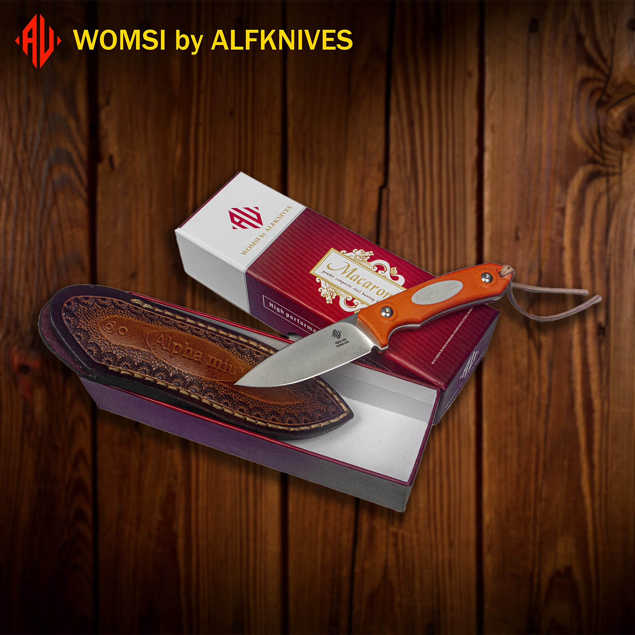 WOMSI Hunting Knife,Full Tang 6.57",DPS15-S Power Steel Blade,Sonorous&durable G10 Handle with Leather Sheath(Orange)