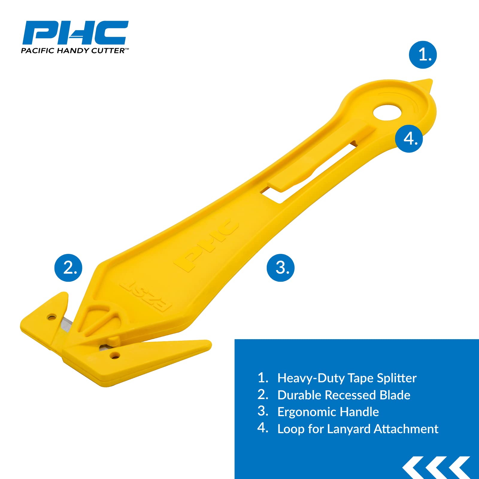 Pacific Handy Cutter EZST Two Sided Concealed Safety Cutter with Bladeless Plastic Tape Splitter, Safe and Efficient Cutting for Stretch Wrap, Cardboard, Tape, Zip Ties, Plastic Straps, and more
