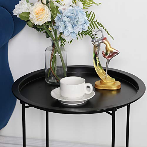 VECELO Modern End Side Tables,Round Metal Foldable Tray,Stable Snack Nightstand for Outdoors,Small Space,Living Room and Balcony, 18.5 in x 18.5 in x 19.7 in, Black