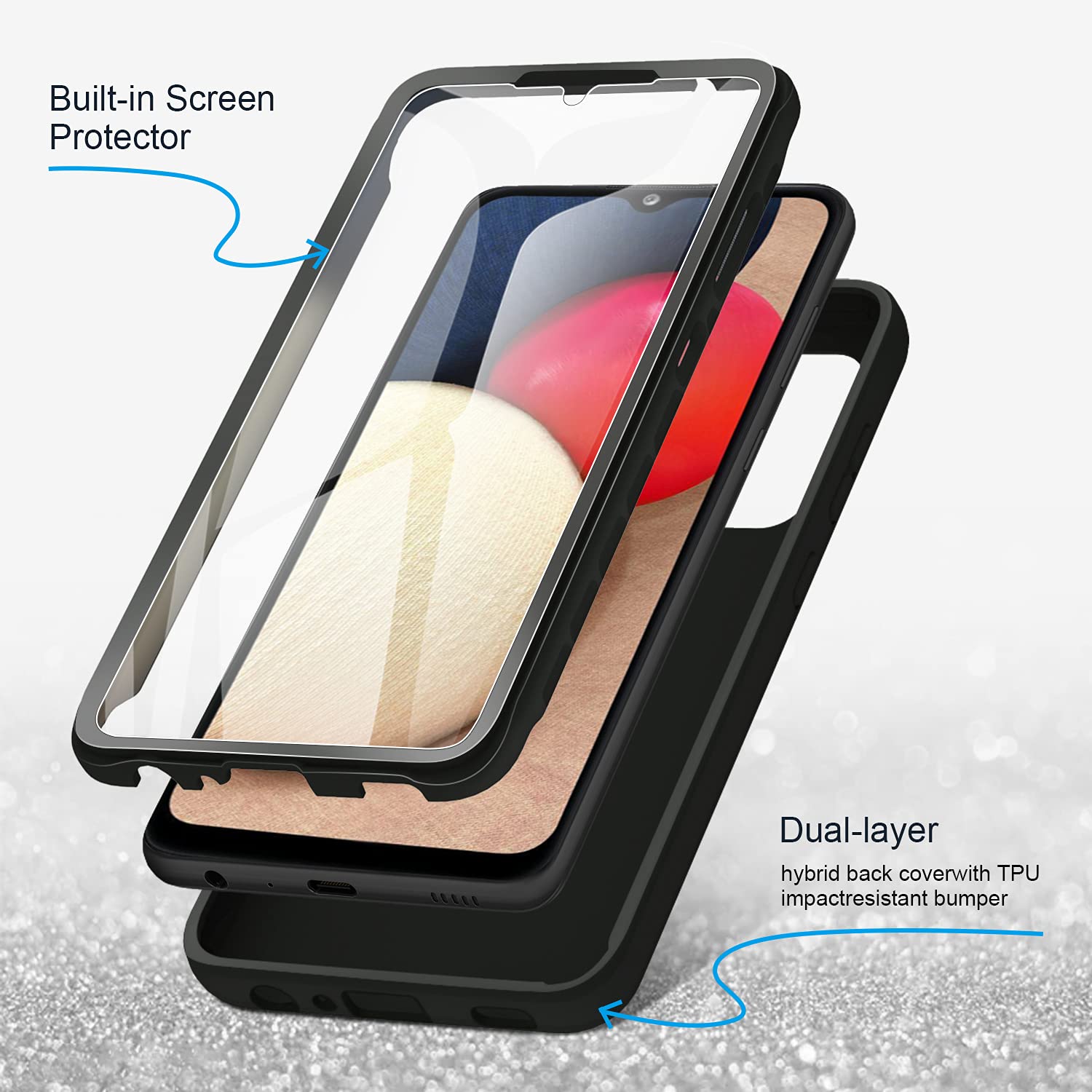 PULEN for Samsung Galaxy A02S Case with Built-in Screen Protector,Rugged PC Front Cover + Soft TPU Non-Slip Back Cover, Shockproof Full-Body Protective Case Cover (Black)