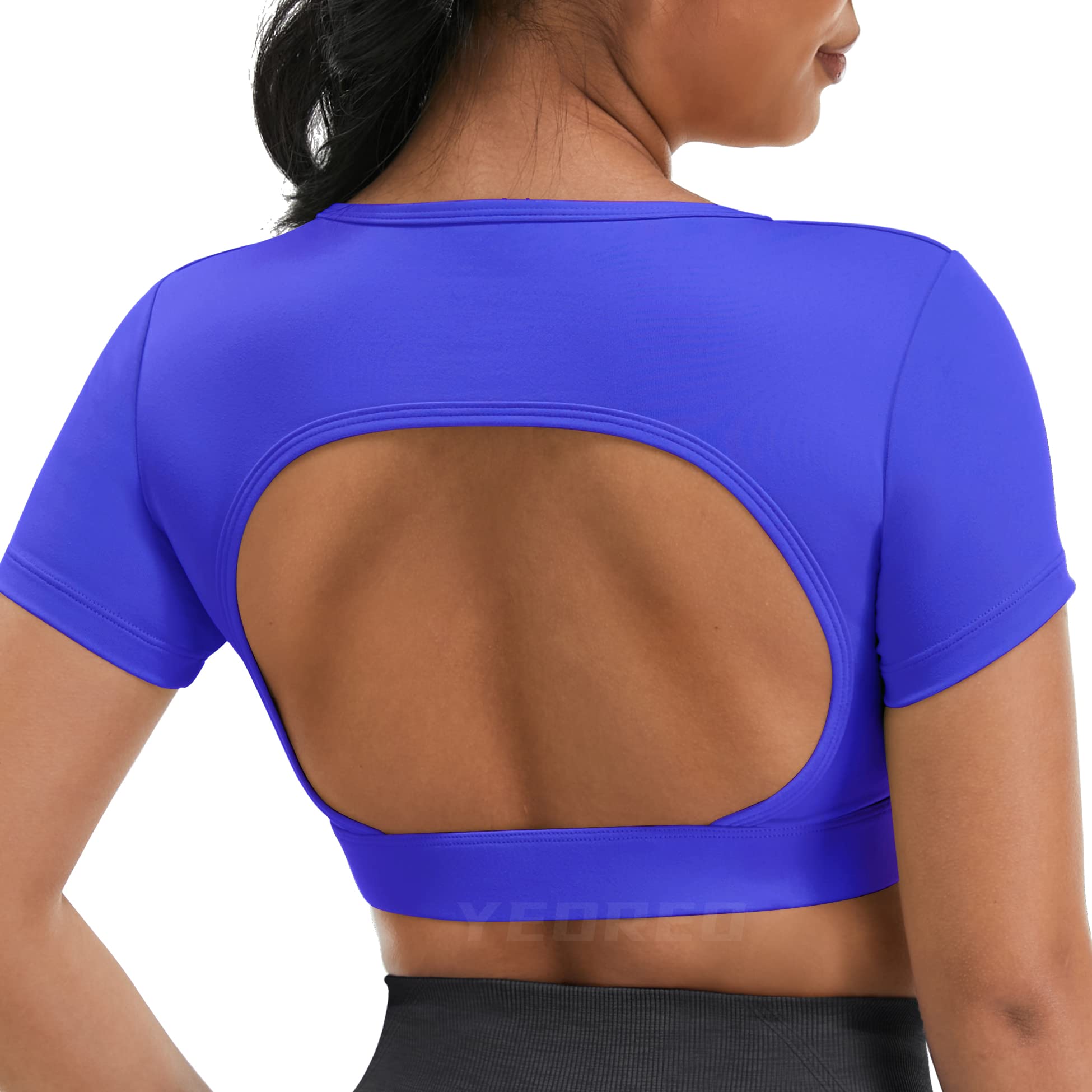 YEOREO Vanessa Women Tee Crop Tops with Removable Pad Workout Backless Gym Shirt Bra Going Out T Shirt Top Black