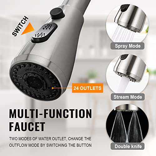 Single Handle High Arc Brushed Nickel Pull Out Kitchen Faucet, High Arc Stainless Steel Kitchen Sink Faucet, 3-Function Pull Out Kitchen Faucet, Kitchen Faucets with Pull Down Sprayer