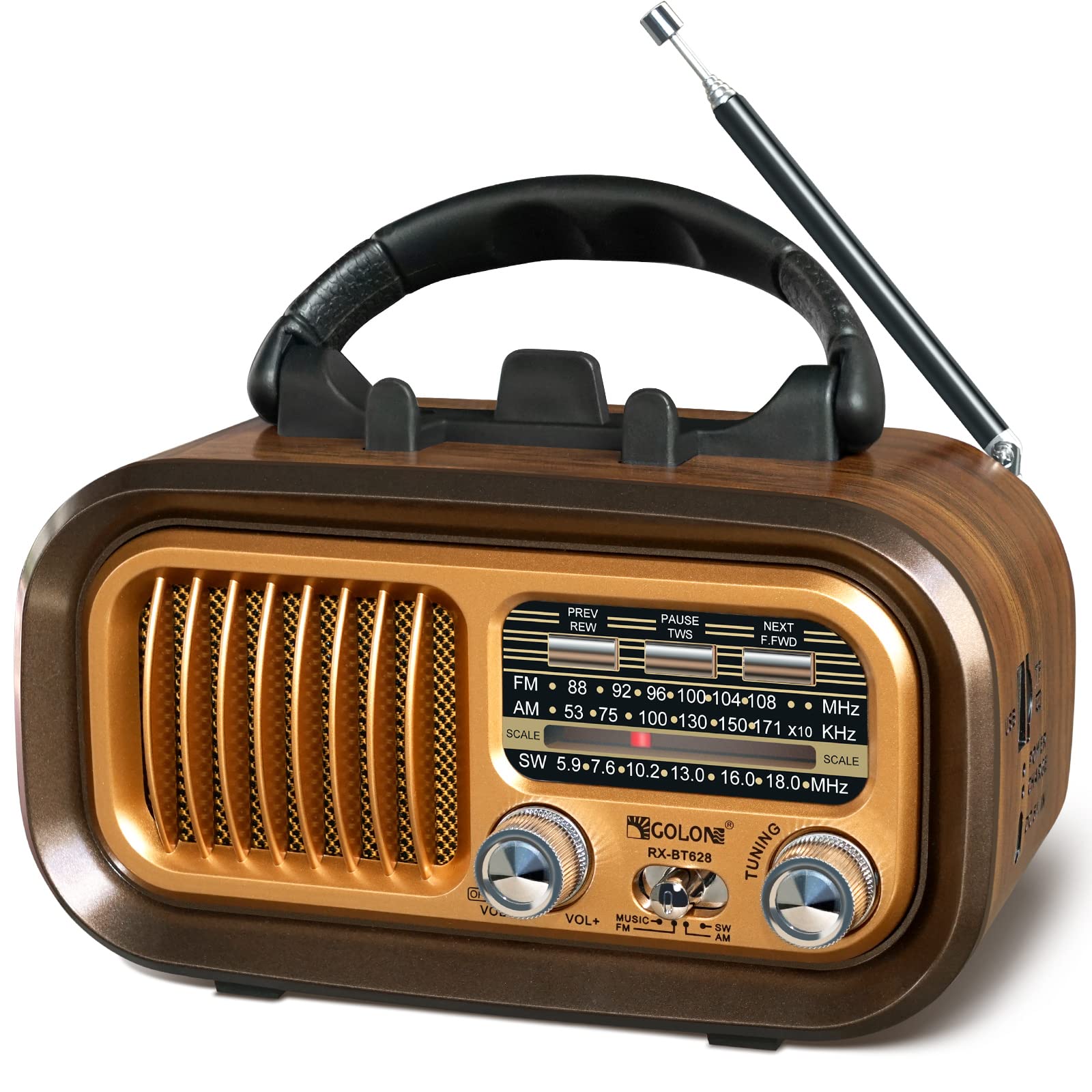 Small Retro Vintage Radio with Bluetooth,Portable Transistor Radio AM FM SW with Best Sound,Excellent Reception,Support TF Card USB MP3 Player,Rechargeable Battery Operated Gold