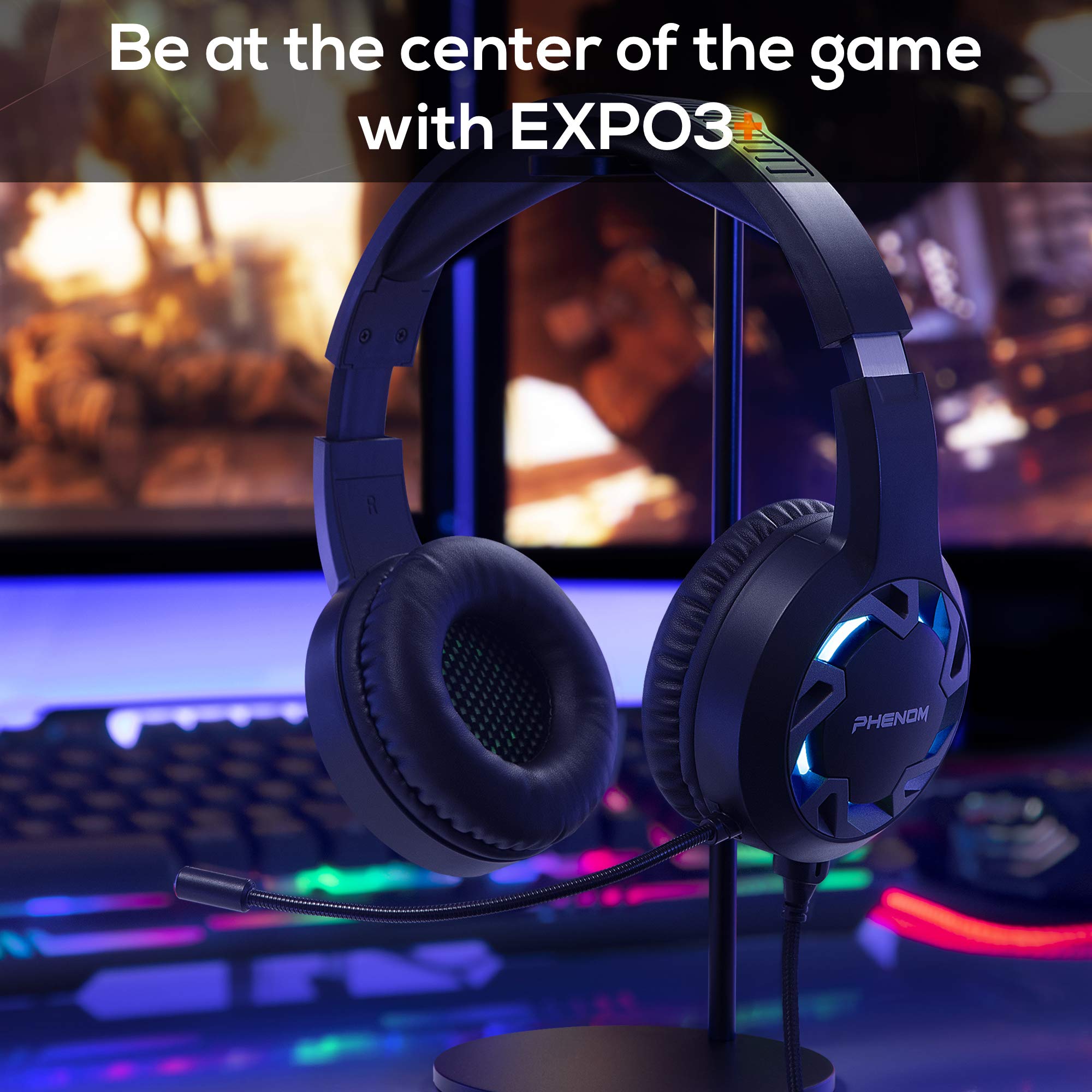 PHENOM LED Comfortable Noise-Isolating Gaming Headset with Microphone Immersive Audio and Volume Control | Works with Xbox One, PC, PS4 and Nintendo Switch (Blue)