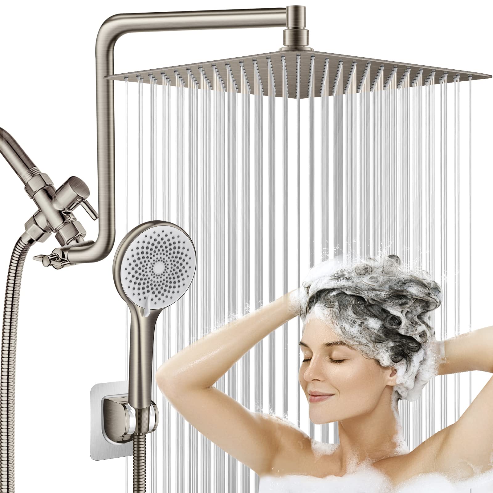 Shower Head Brushed Nickel, Upgraded 12" Rain Shower Head with 12" Flexible Curved Shower Extension Arm and High Pressure 4 Setting Handheld Shower Head Combo, Built-in Power Wash, 60ââ Shower Hose