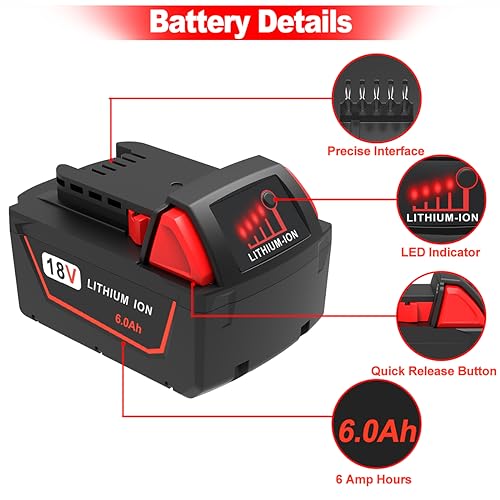Rocivic 2 Packs Replacement for Milwaukee M18 Battery 6.0Ah, Compatible with Milwaukee m18 48-11-1860 48-11-1852 48-11-1850 48-11-1862 48-11-1812 Cordless Tools