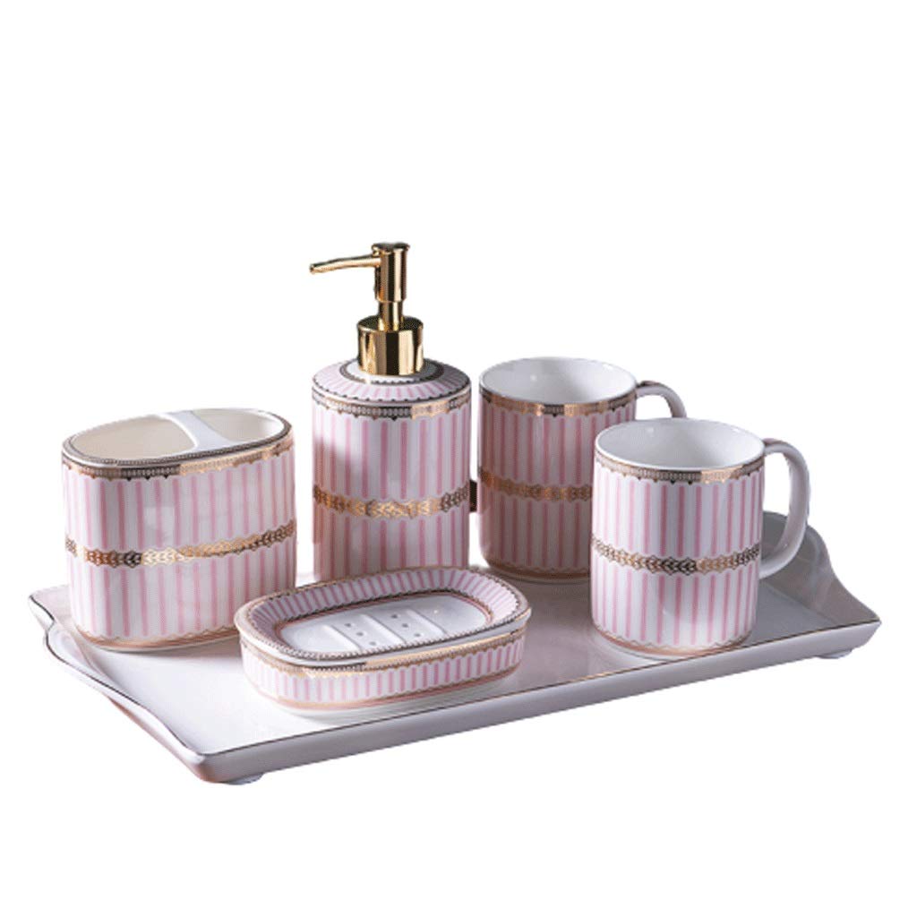 Shower Pump Soap Dispenser, 6 Piece Bathroom Sink Set,Toothbrush Holder, Tooth Glass X 2, Soap Dish, Soap Dispenser,Tray (Color : Blue Circles) (Pink Stripes)