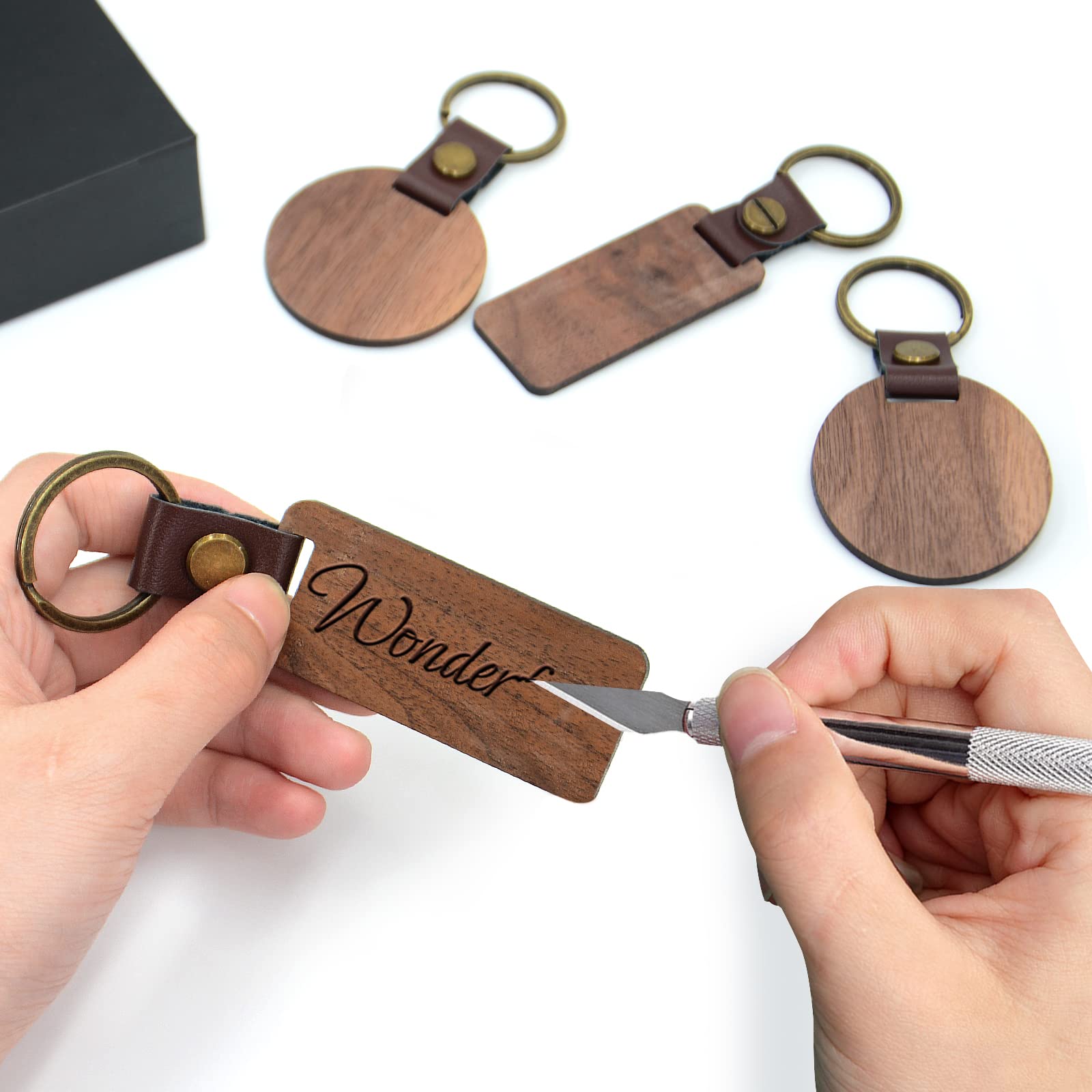 Wood Keychain Blanks - Wooden Keychain, Laser Engraved Keyring, Birthday Gift, Real Leather Keychain Strap, Best Gifts Ever, Customizable, Engravable, Name Initials