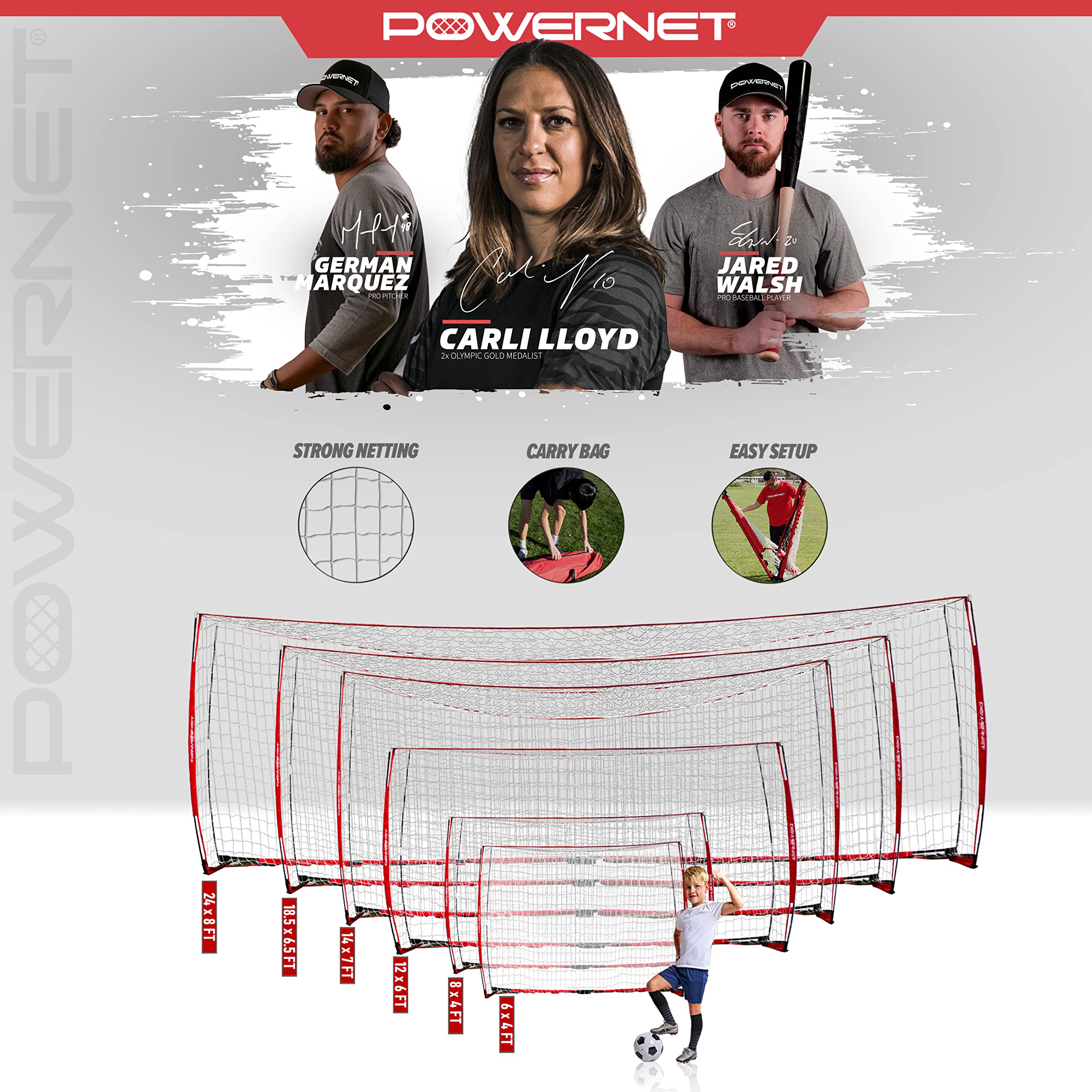 PowerNet Carli Lloyd Soccer Goal 24 x 8 | Regulation Goal Size | Portable Instant Net | Collapsible Metal Base | Quick Setup Easy Storage | 1 Goal+1 Wheeled Carrying Bag | Full Size