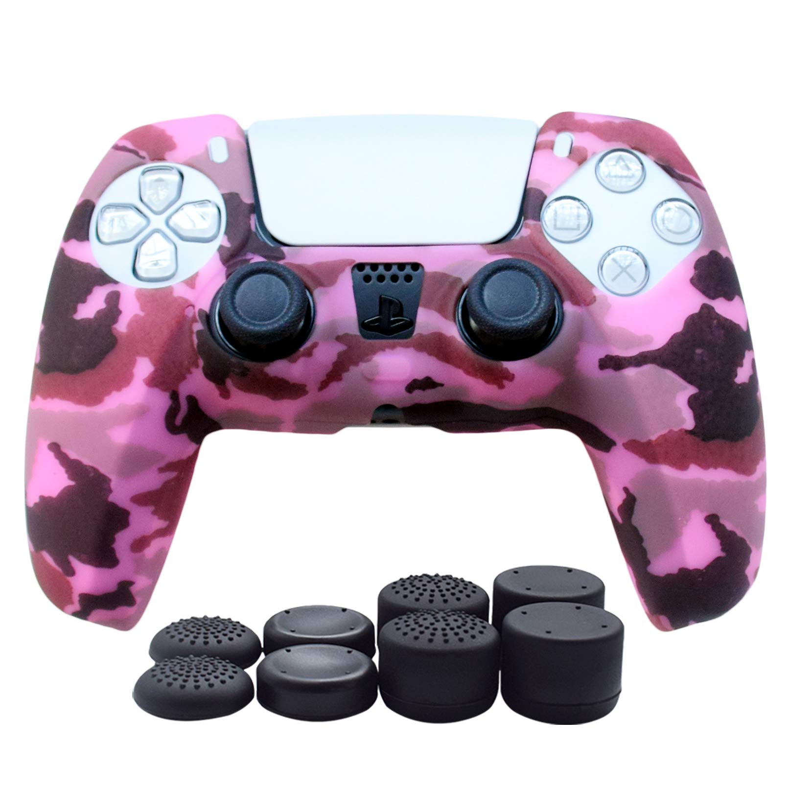 PS5 Controller Skin-Hikfly Silicone Cover for PS5 Controller Grips,Non-Slip Cover for PS5 Controller- 1 x Skin with 8 x Thumb Grip Caps(Pink)