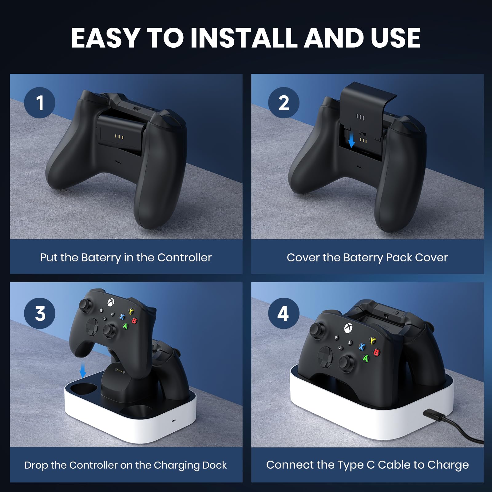 NEWDERY Controller Charger Station for Xbox, 2x1100mAh Rechargeable Battery Packs for Xbox One/Series X|S Controller, Fast Charging Dock with 4 Battery Covers