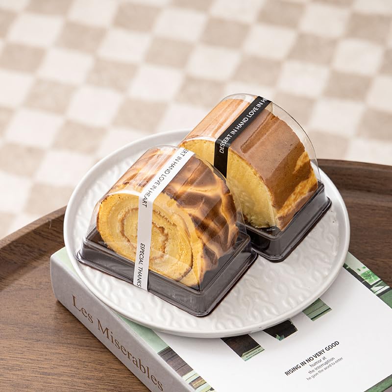 XIZHI 50 Pcs Roll Cake Box Set Single Personal Swiss Roll Container and 50 stickers,Clear Dome Plastic Muffin Cheese Pastry Dessert Sushi Fruits Display Food Storage Holder,Brown