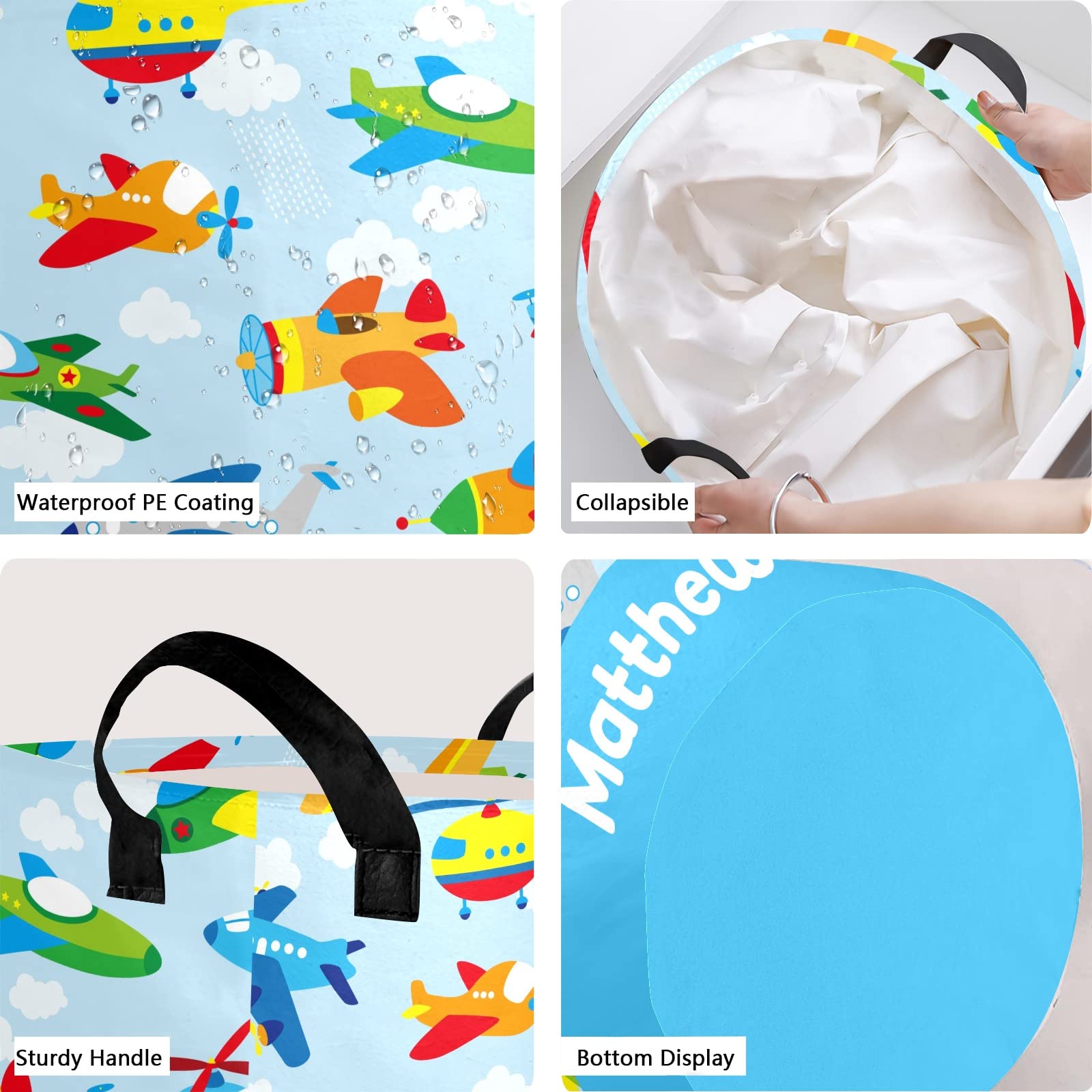 Personalized Laundry Basket Hamper,Airplane Blue Clouds,Collapsible Storage Baskets with Handles for Kids Room,Clothes, Nursery Decor