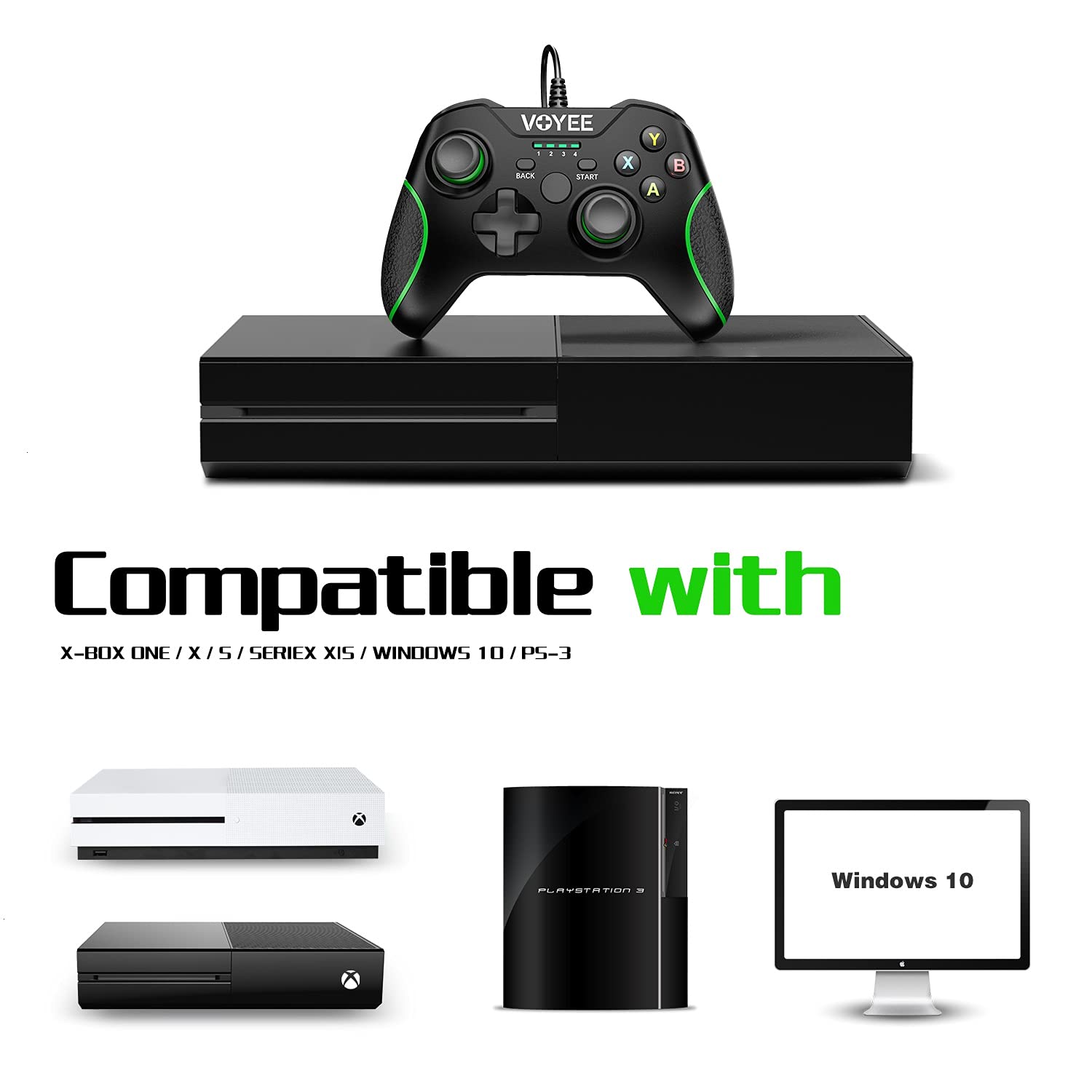 VOYEE Wired Controller Compatible with Xbox One/X/S/PC Windows 10/8/7, with Headphone Jack/Double Shock/Upgraded Joystick - Black